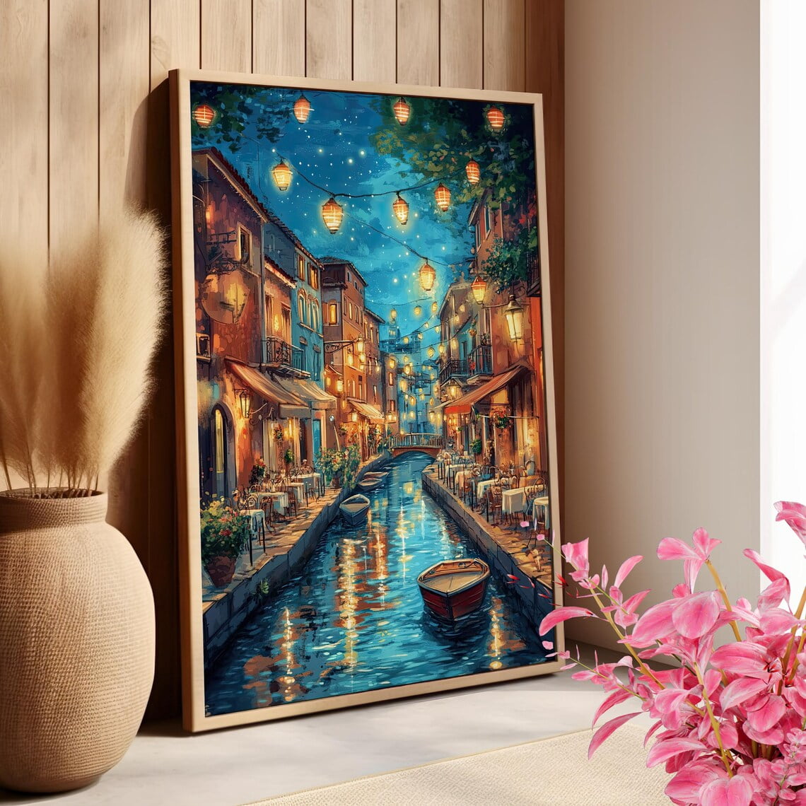 Italian Water Street Night Art Print Poster Or Print, Lanterns And Cafe ...