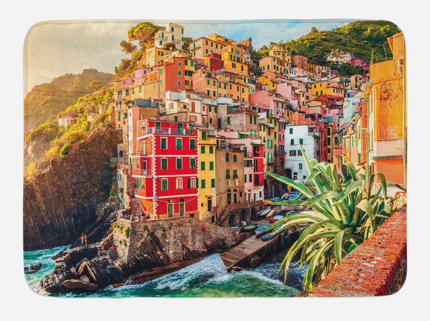 Italy Bath Mat, Riomaggiore at Sunset Cinque Terre National Park Cliff ...