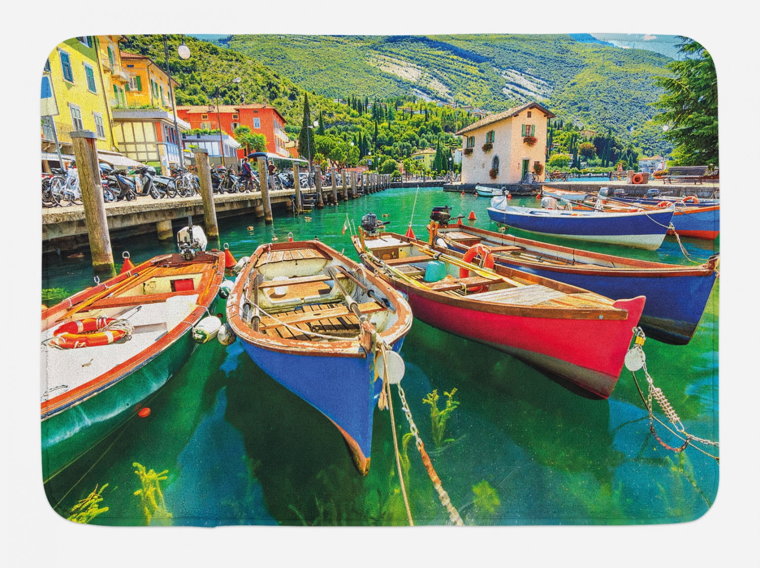 Italy Bath Mat, Summer Landscape and Wooden Boats on the Lake Garda ...