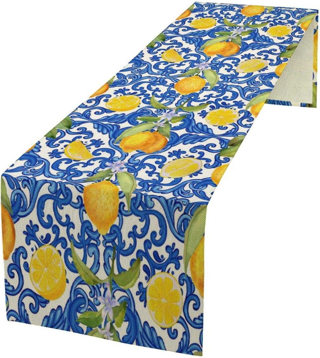 Italy Blue Tile Lemon Table Runner, Italian Navy Blue Burlap Watercolor ...