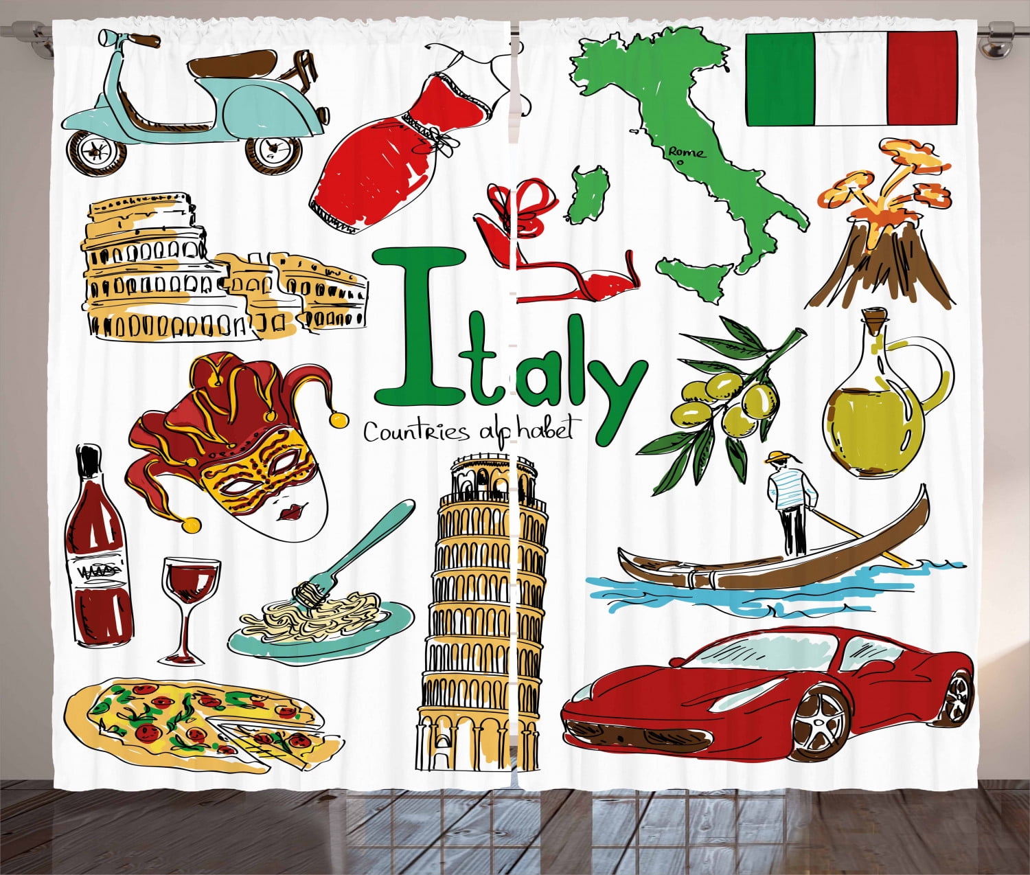 Ambesonne Italy Curtains 2 Panel Set, Fun Colorful Sketch Style, 108" x ...