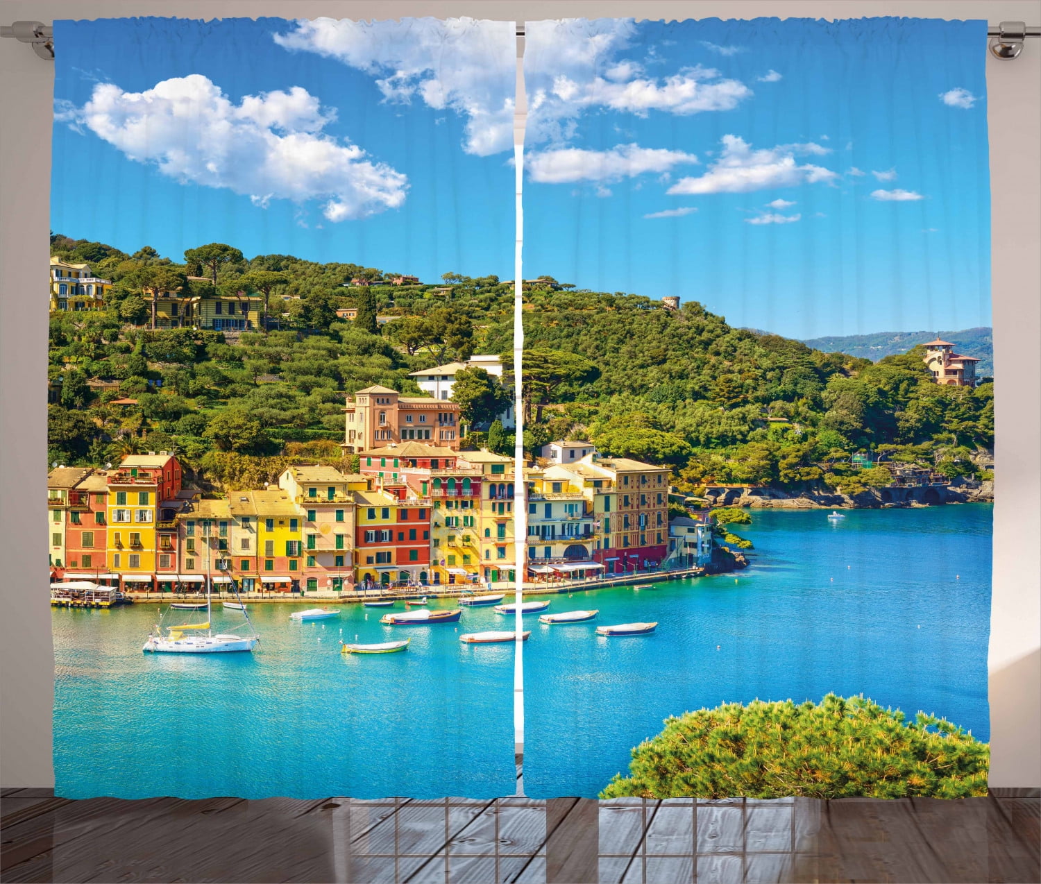 Ambesonne Italy Curtains 2 Panel Set, Portofino Panoramic View, 108" x ...