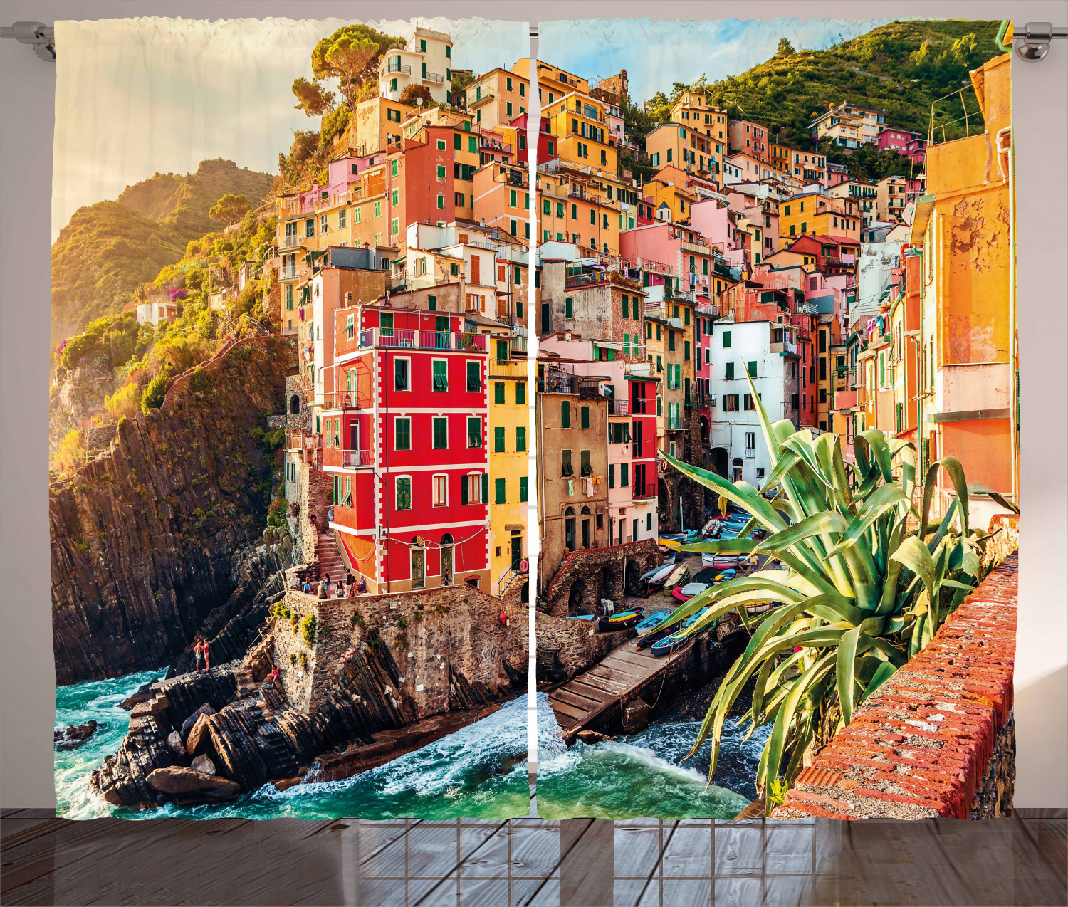 Ambesonne Italy Curtains 2 Panel Set, Riomaggiore at Sunset, 108" x 84 ...