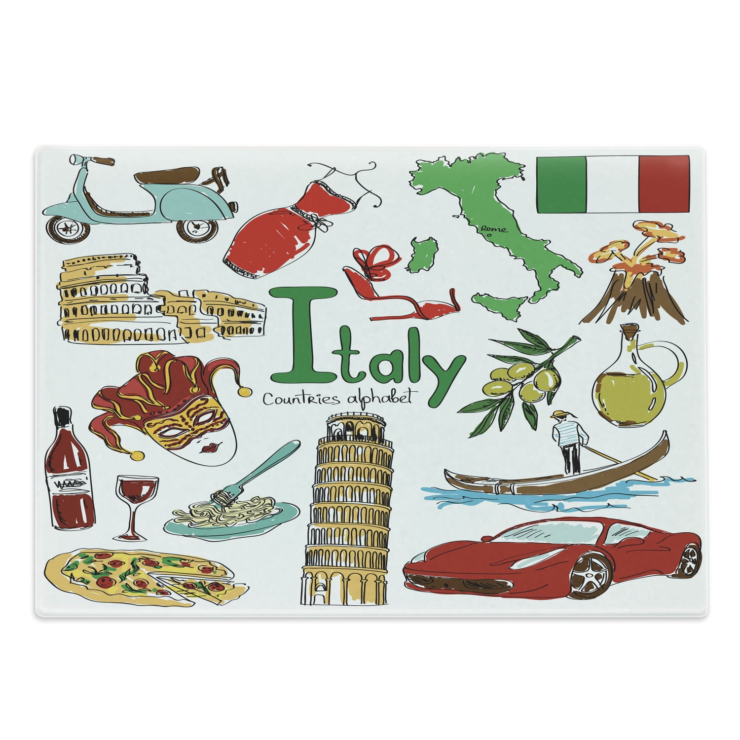Italy Cutting Board, Fun Colorful Sketch Art Italy Countries Alphabet ...