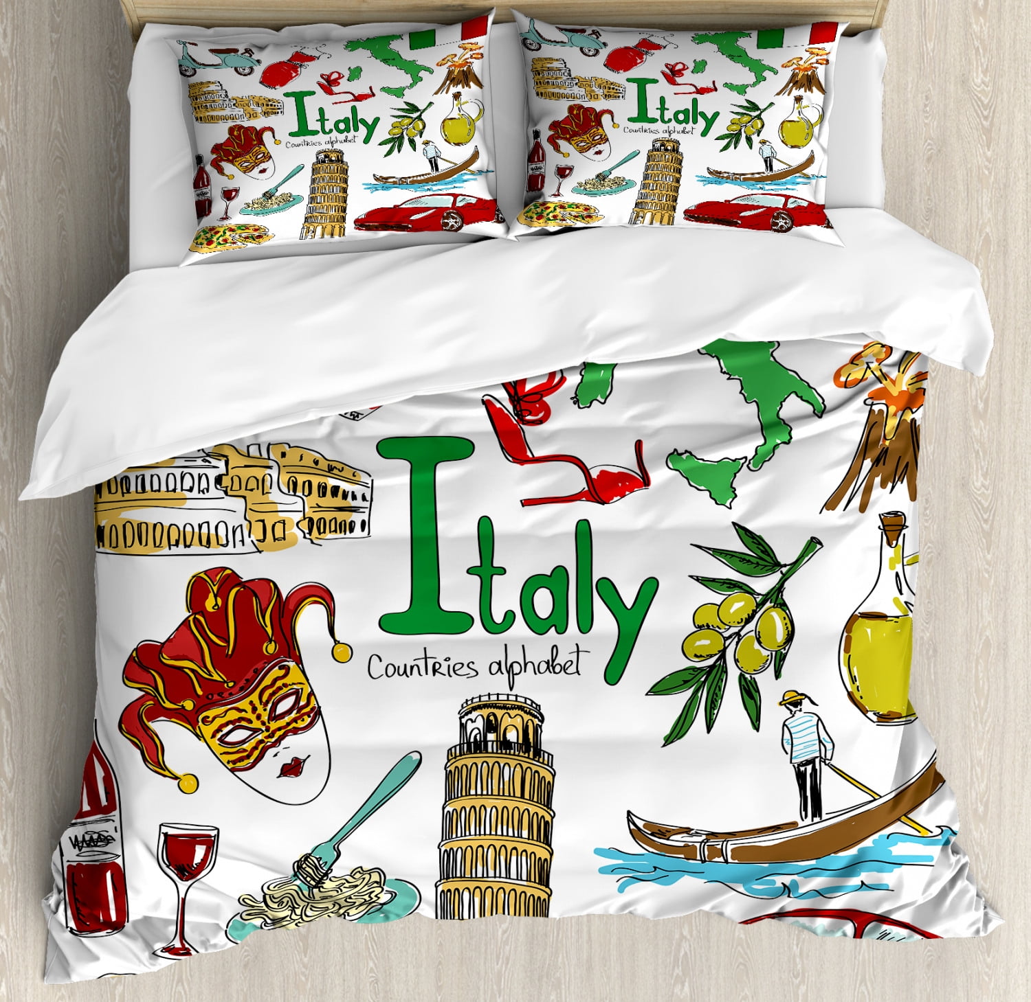 Italy Duvet Cover Set Queen Size, Fun Colorful Sketch Artwork Italy ...