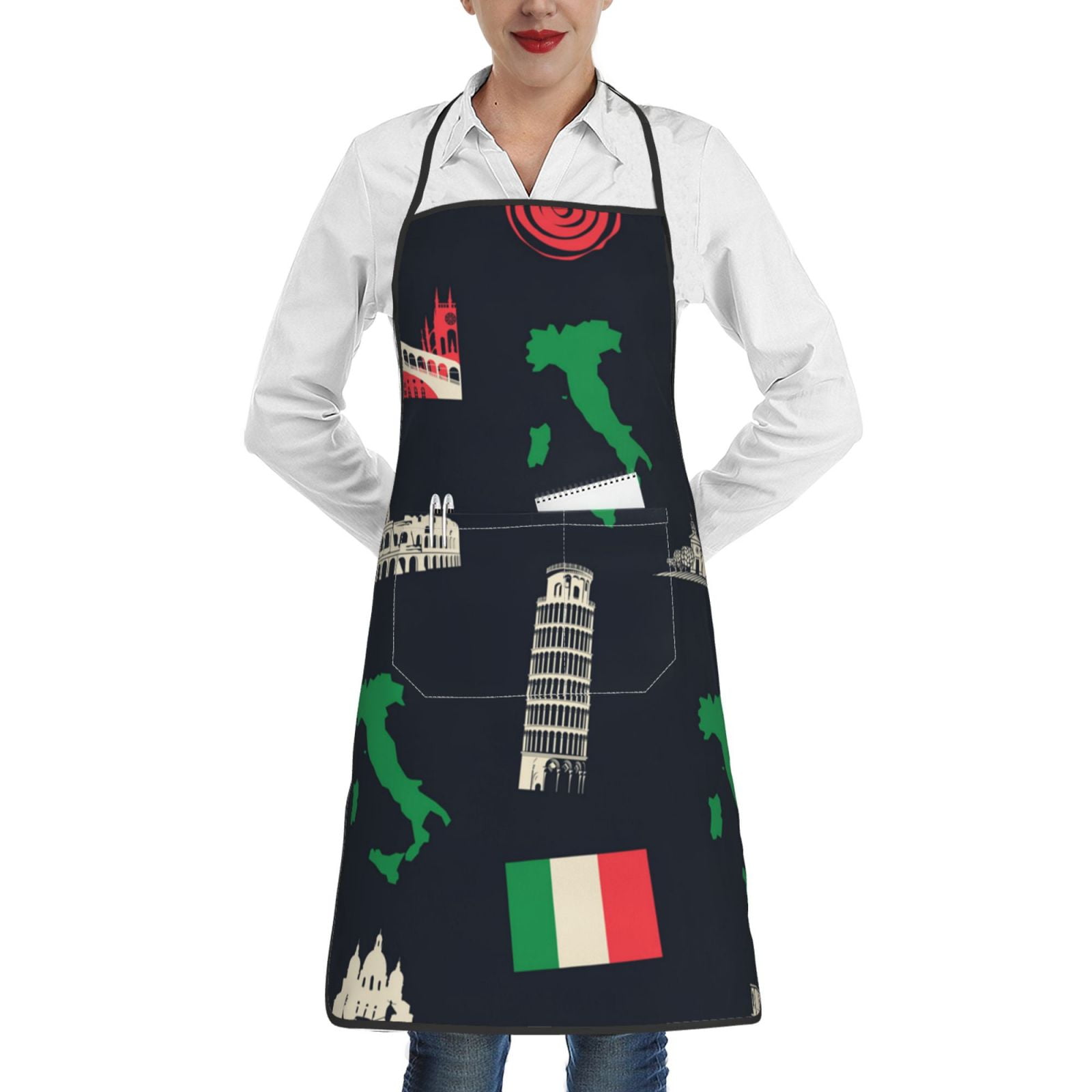 Italy Flag Map Italian Black Retro Apron with Pocket Cooking Waterproof ...