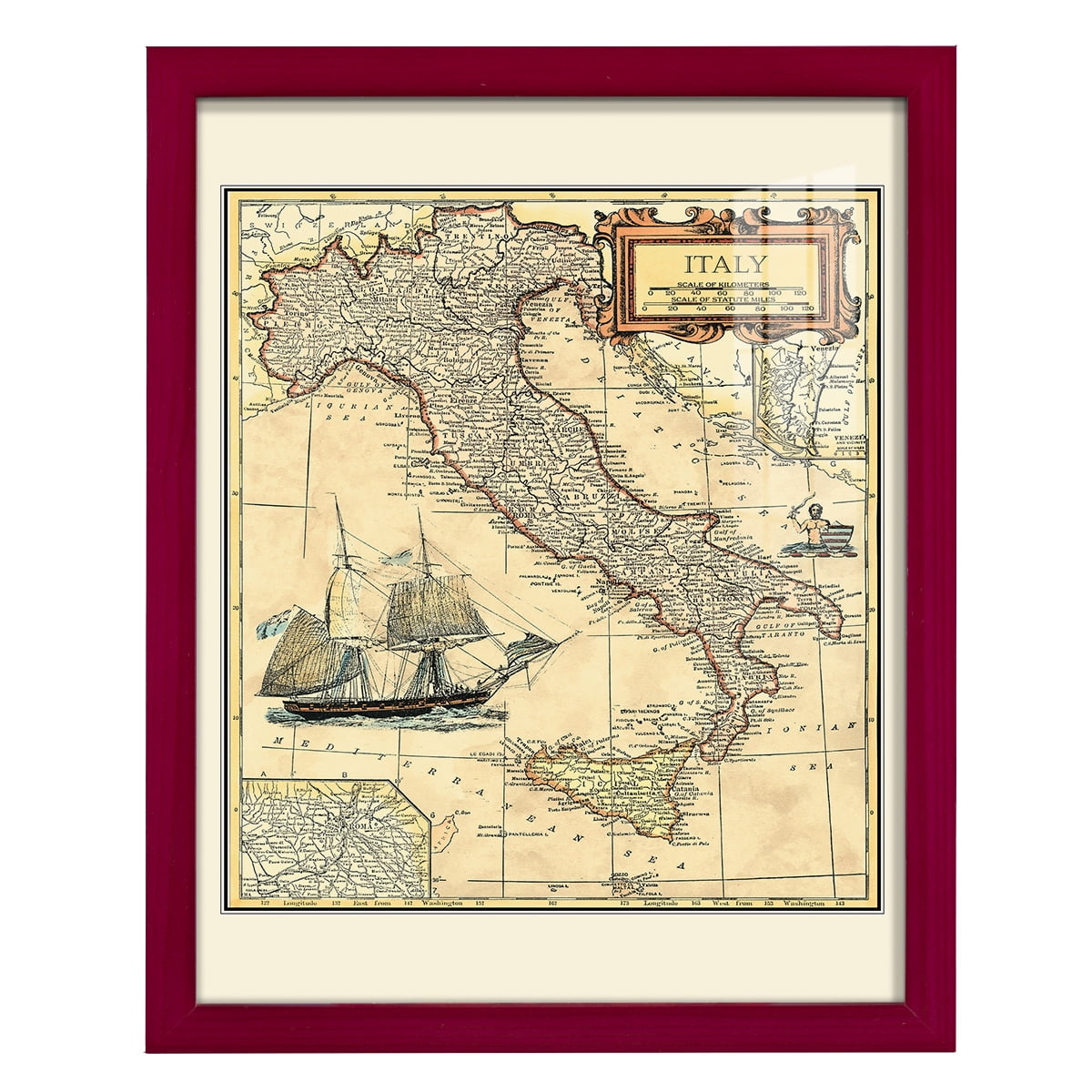 Italy Map -Framed Print w/glass-Cherry Red - Walmart.com