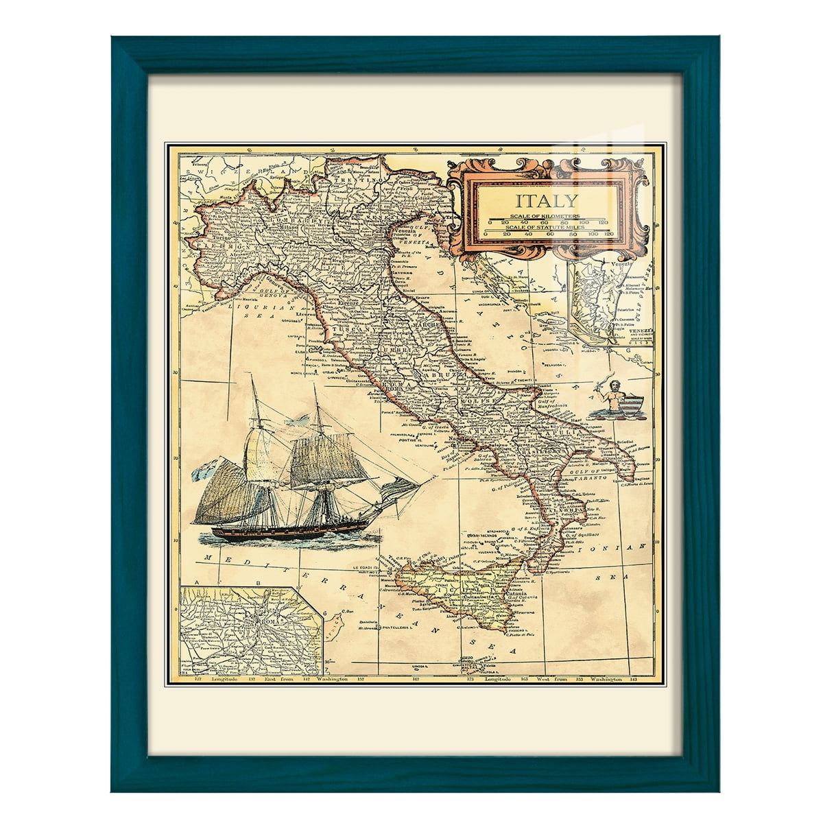 Italy Map -Framed Print w/glass-Ocean Blue - Walmart.com