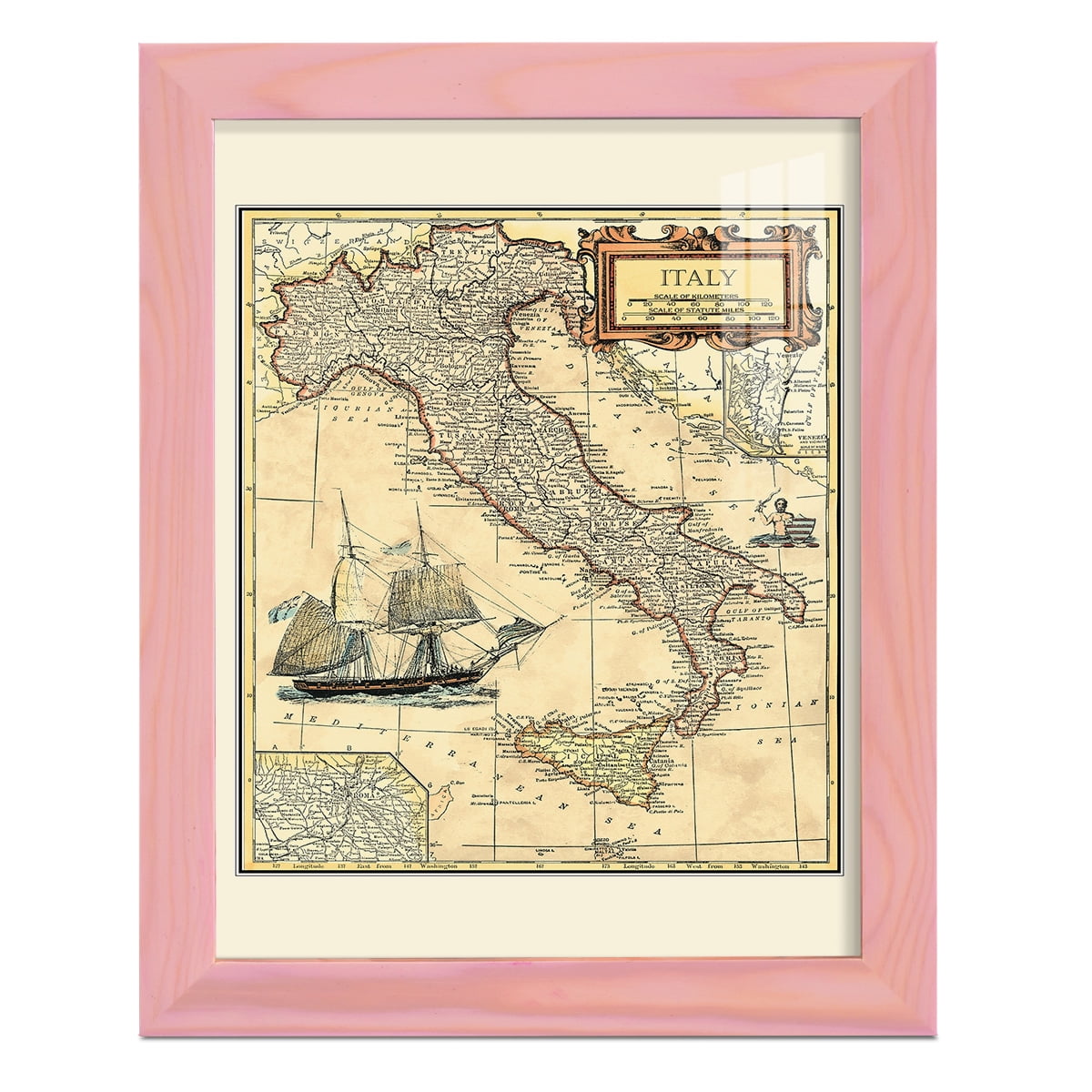 Italy Map -Framed Print w/glass-Sunset Pink - Walmart.com