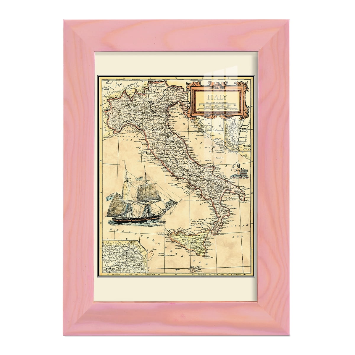 Italy Map -Framed Print w/glass-Sunset Pink - Walmart.com