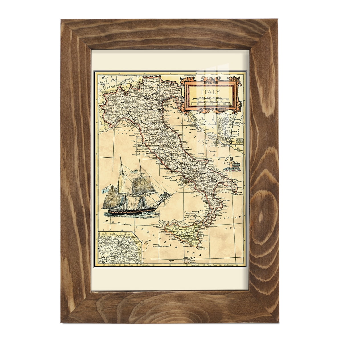 Italy Map -Framed Print w/glass-Walnut - Walmart.com