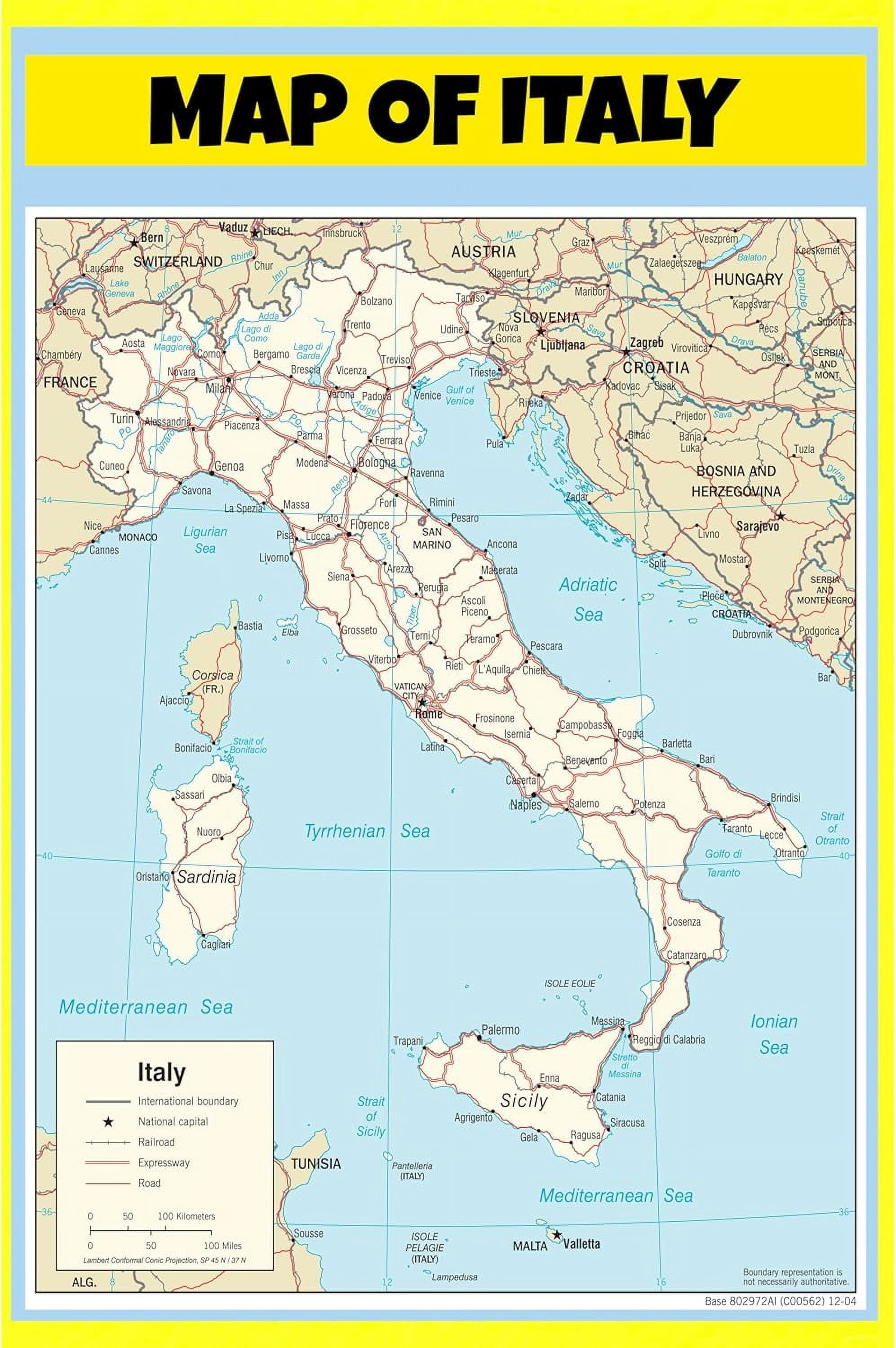 Italy Map Poster - Laminated Wall Map - 24x36 - Ideal for Classrooms and Homes – Features Bright ...