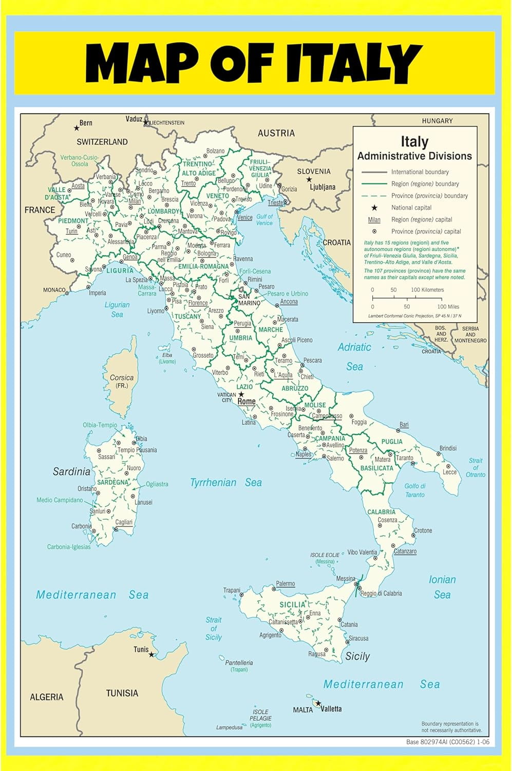 Italy Map Poster - Laminated Wall Map - Style A - 36x60 - Ideal for Classrooms and Homes ...