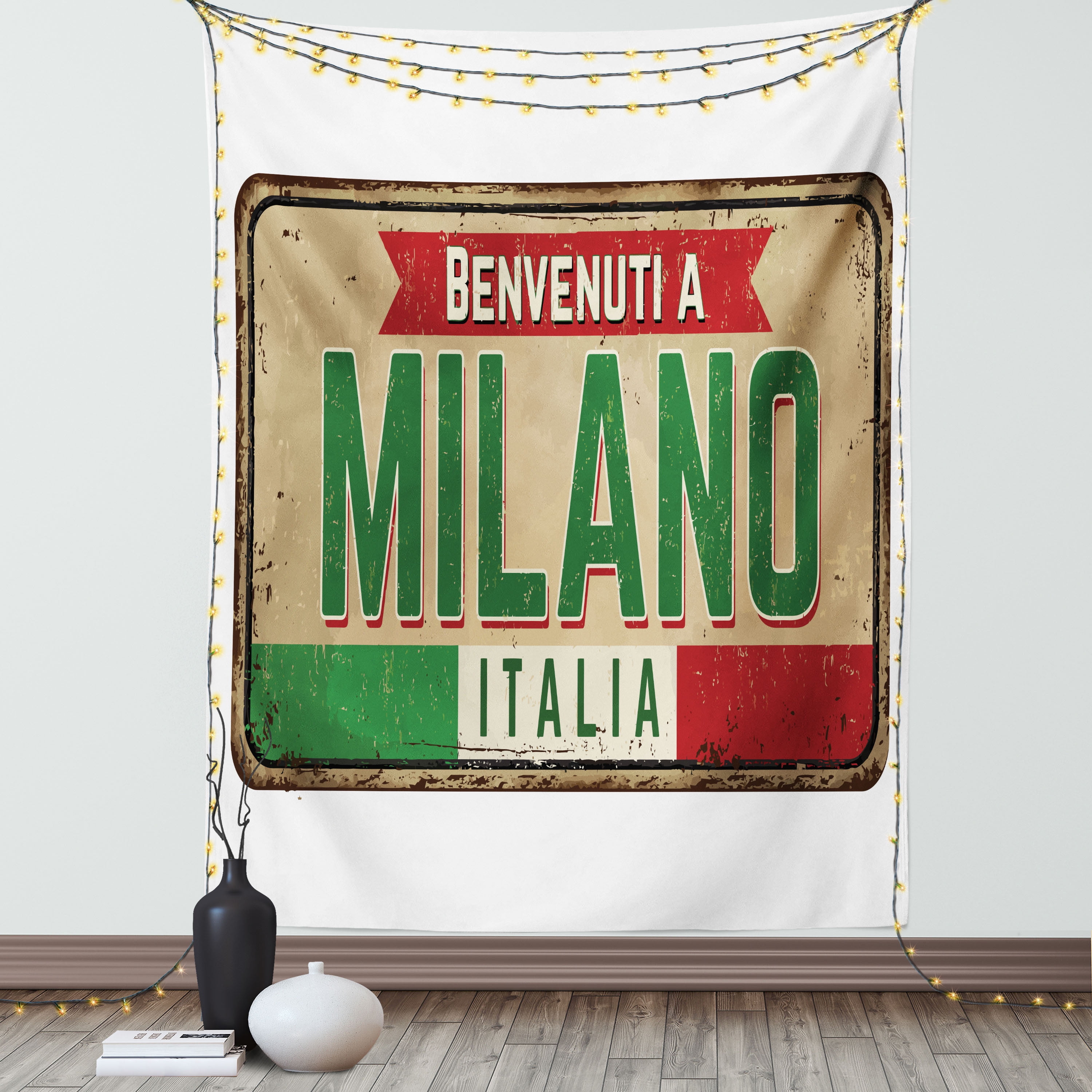 Italy Tapestry, Grunge Art Rustic Sign Written Welcome to Milan Phrase ...