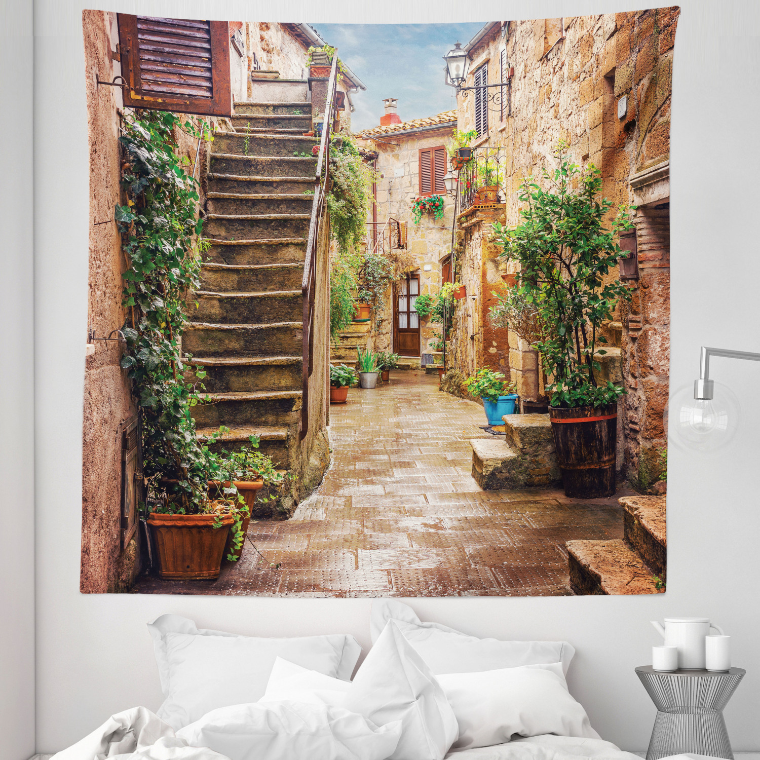 Italy Tapestry, View of Old Mediterranean Street Stone Rock Houses in ...
