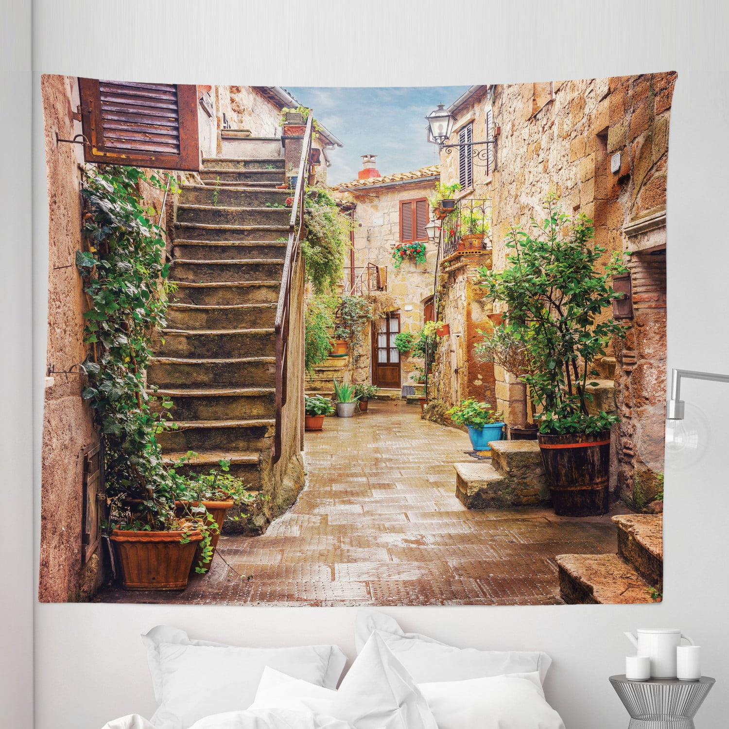 Italy Tapestry, View of Old Mediterranean Street Stone Rock Houses in ...