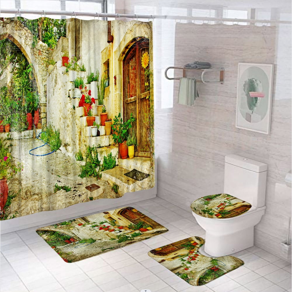 Italy Vintage Flower Street Shower Curtain Set Retro Historic Building ...