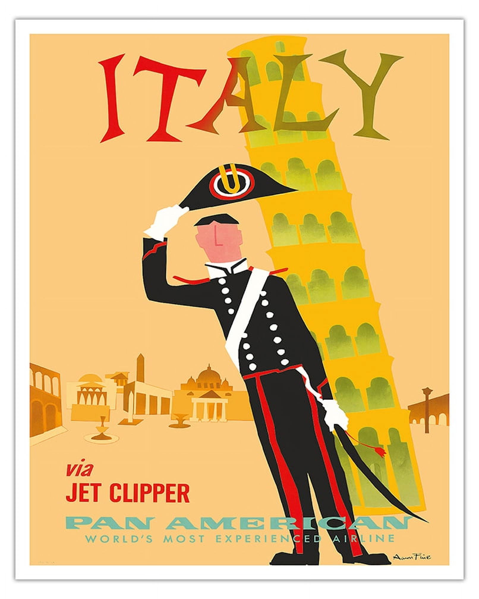Italy via Jet Clipper - Pan American World Airways - Italian Carabinieri on Leaning Tower Pisa ...