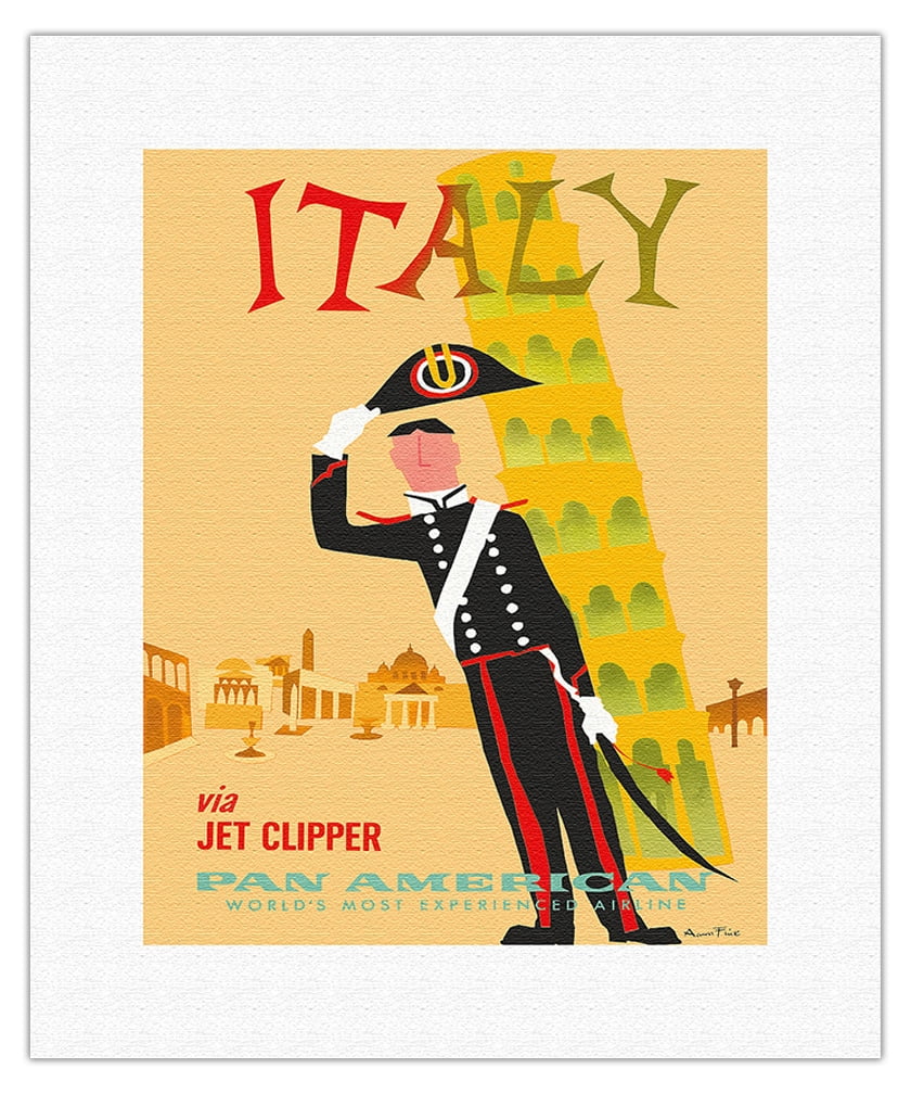 Italy via Jet Clipper - Pan American World Airways - Italian Carabinieri on Leaning Tower Pisa ...