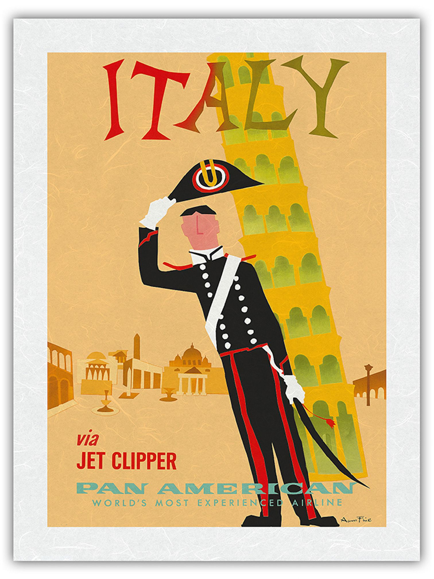 Italy via Jet Clipper - Pan American World Airways - Italian Carabinieri on Leaning Tower Pisa ...