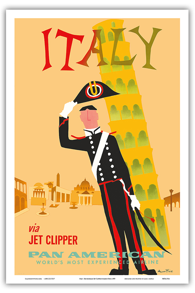 Italy via Jet Clipper - Pan American World Airways - Italian Carabinieri on Leaning Tower Pisa ...