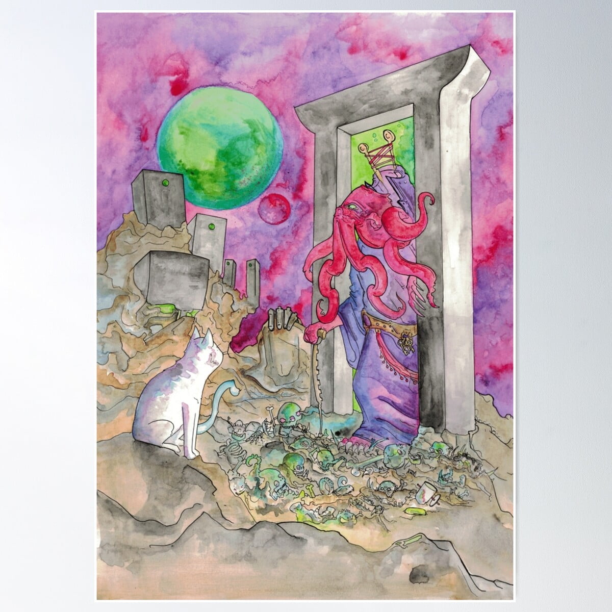 Its Been Too Long Mindflayer And Cat Print Watercolor Painting Poster ...