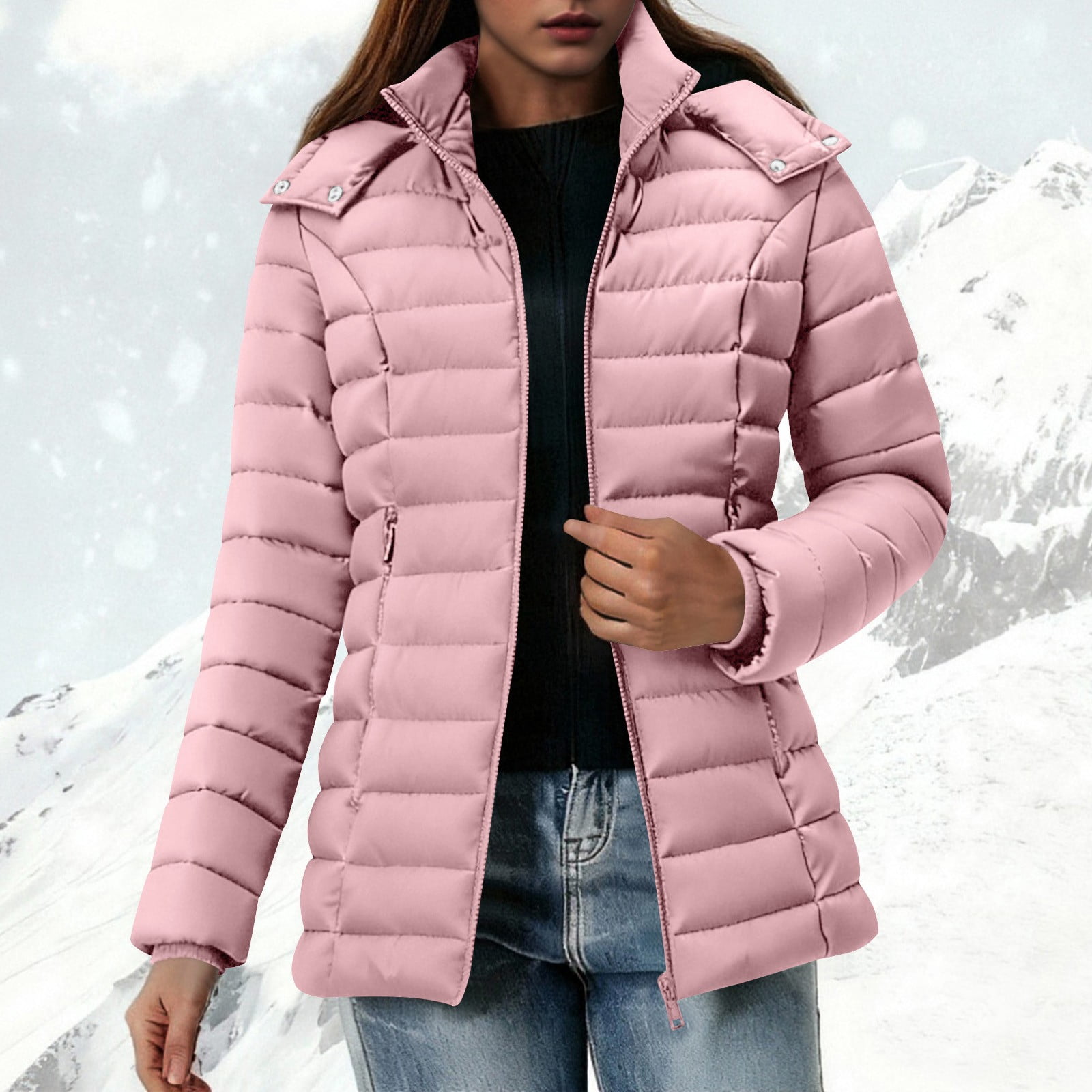 Itsame Puffer Jackets Womens Winter Coats Pocket Solid Color Casual ...