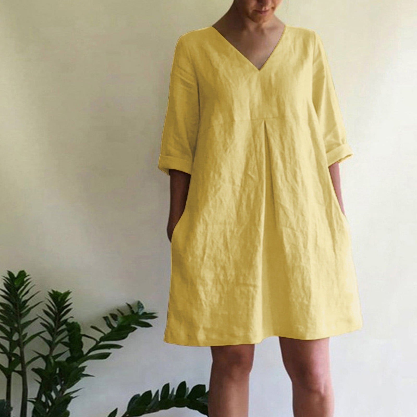 Itsame Women Summer Dress Solid Color V-neck Cotton Thin Dress Yellow ...