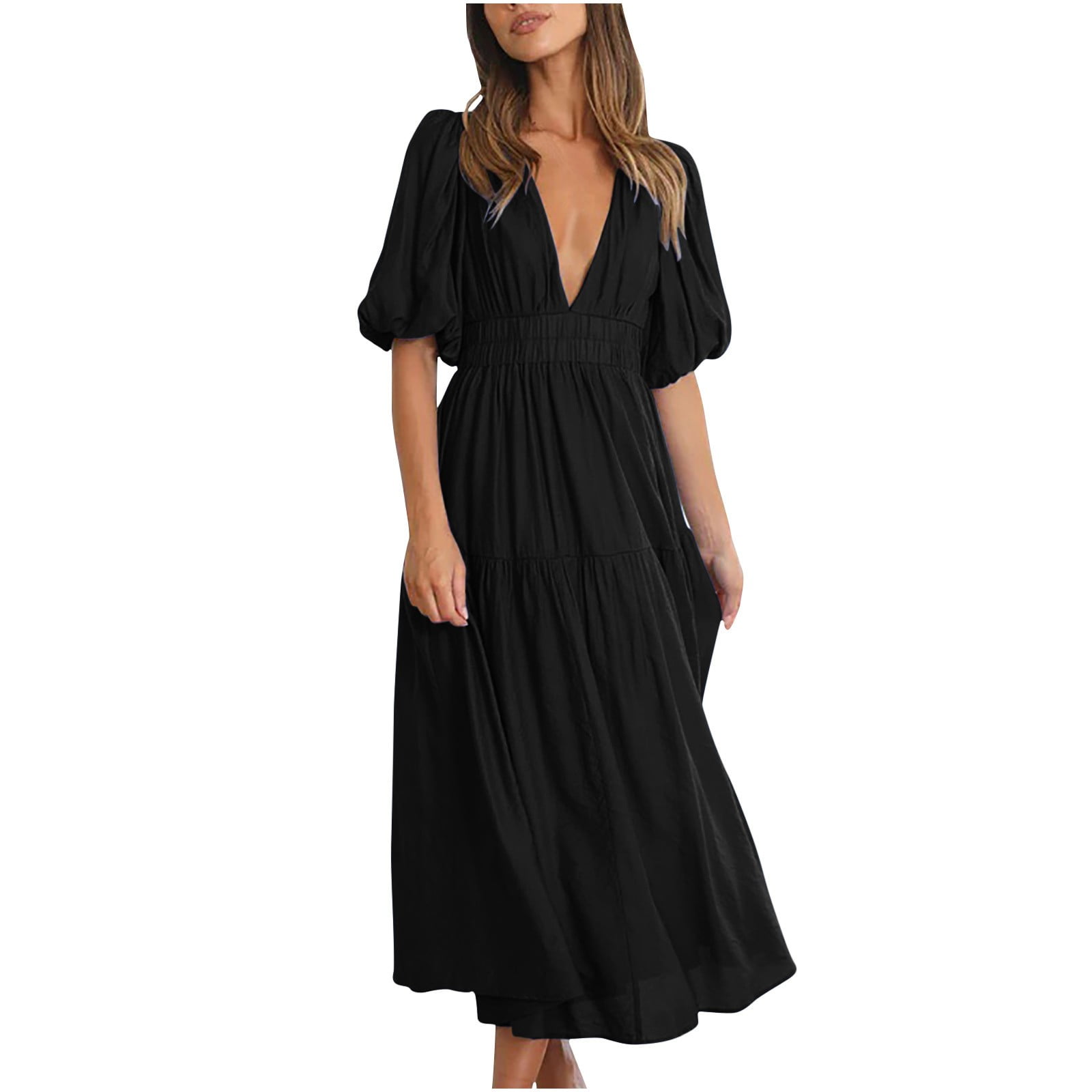 Itsame Women's Dress, V-neck Short Sleeve Solid Color Summer Elegant ...