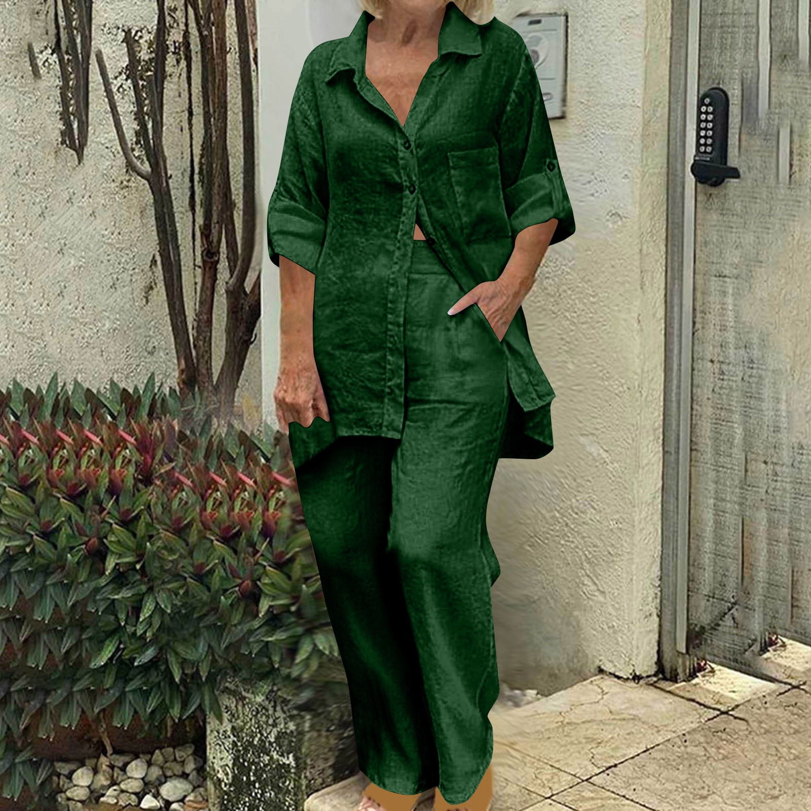 Itsame Womens 2 Piece Cotton Linen Outfits, Long Sleeve Shirt Wide Leg ...