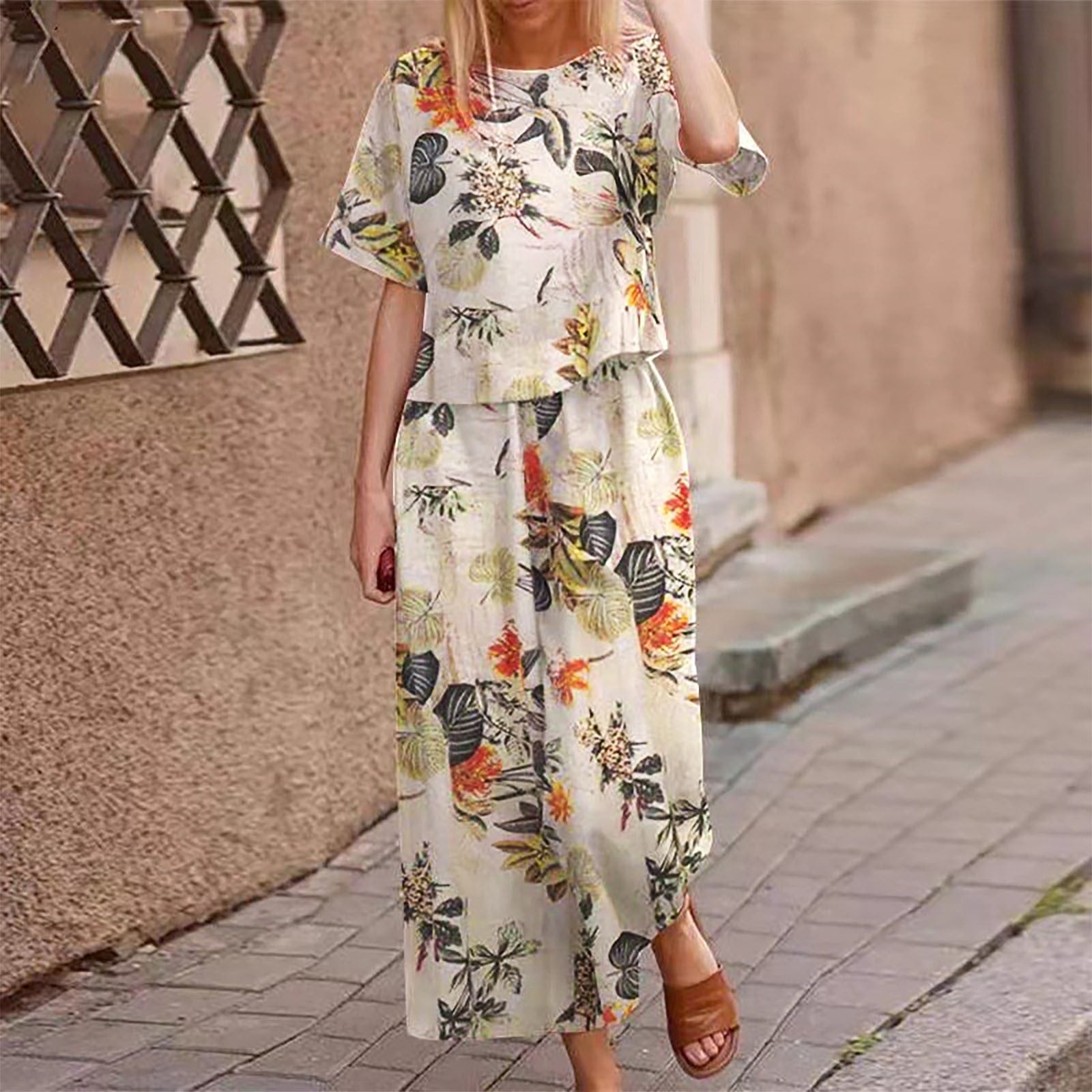 Itsame Womens 2 Piece Sets, Crewneck Tops Wide Leg Pants Boho Prints ...