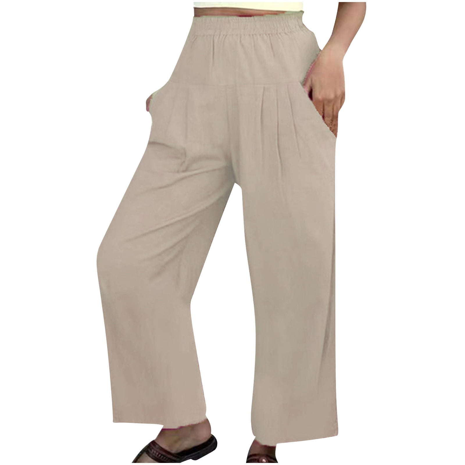 Itsame Womens Casual Pants Cotton Linen Elastic Waist Plus Size Wide
