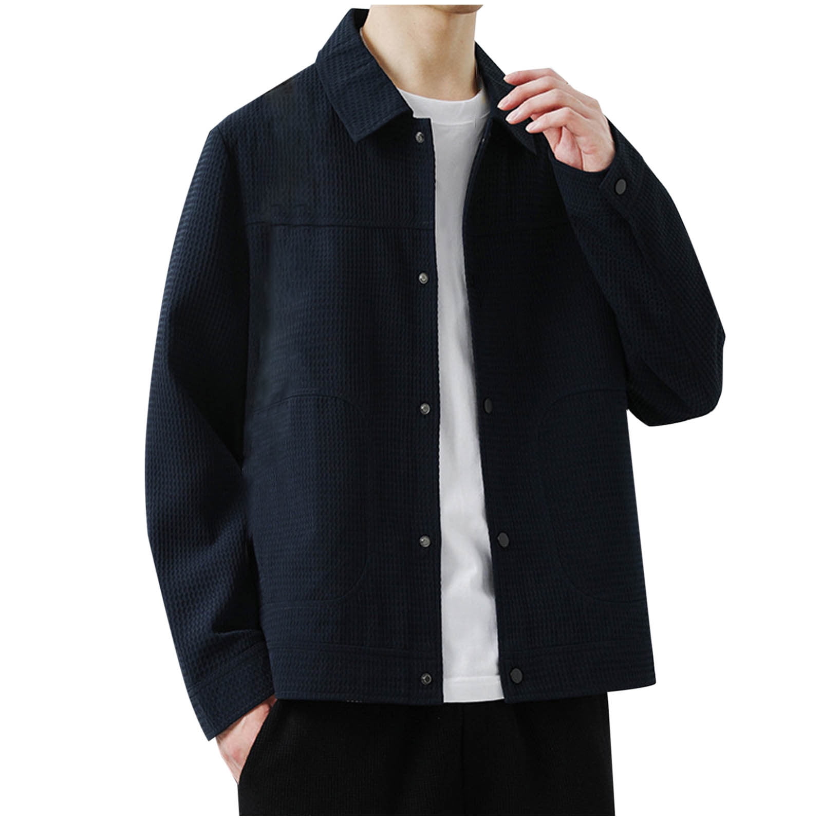 Iugvhana Casual Jacket for Men Fashion Solid Texture Snap Button Coat ...