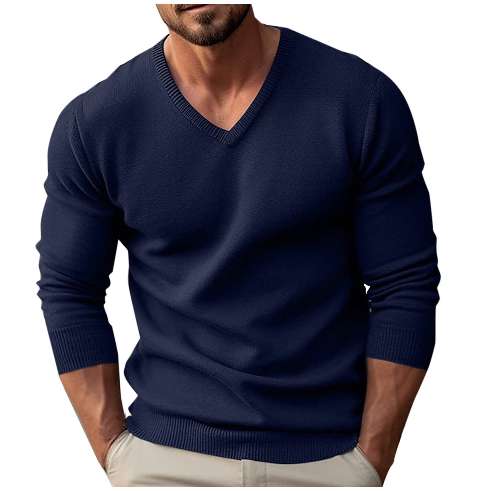 Iugvhana Knit Sweaters for Men Casual Solid Long Sleeve V-Neck Pullover ...