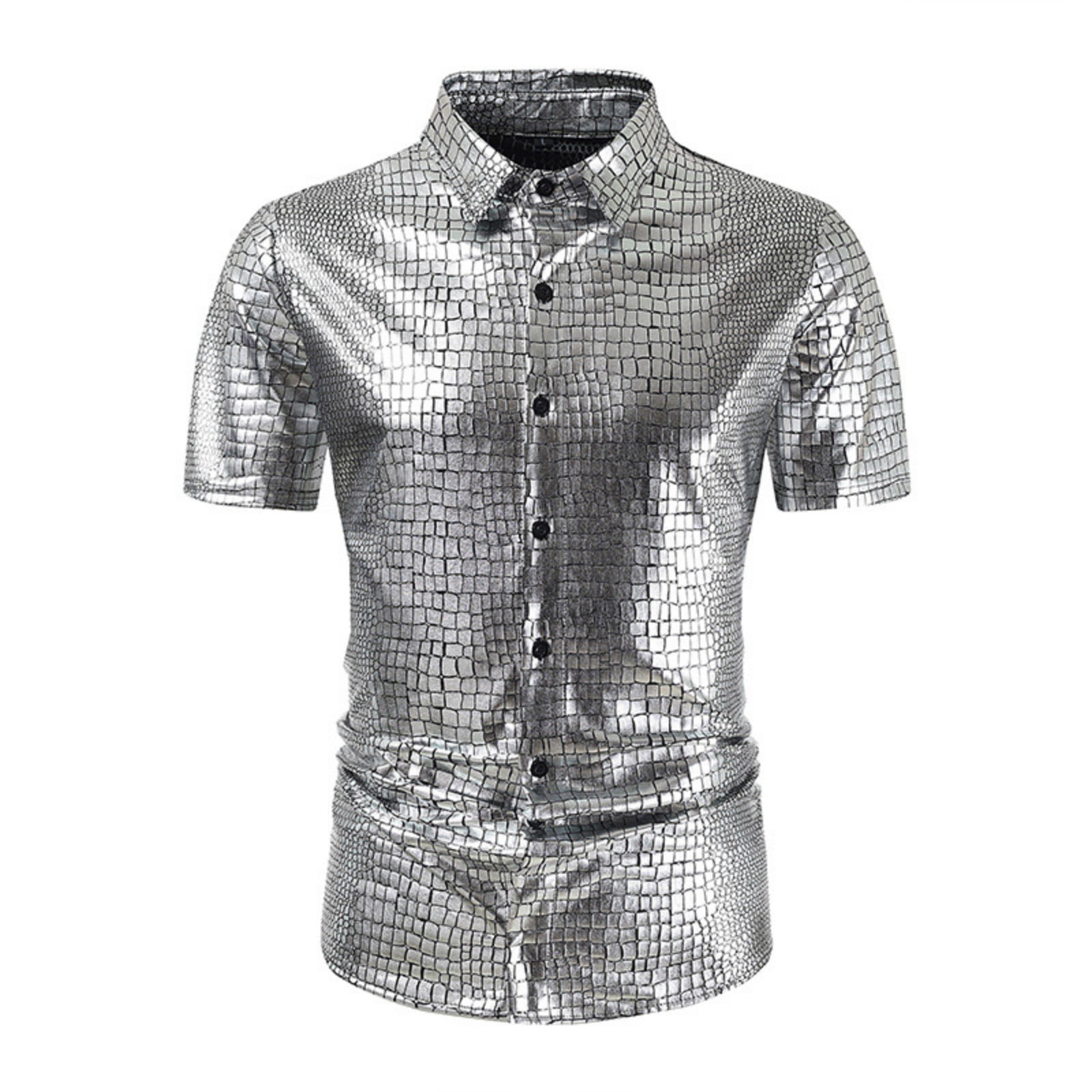 Iugvhana Men's 70s Disco Sequin Shiny Shirts Short Sleeve Button Down ...