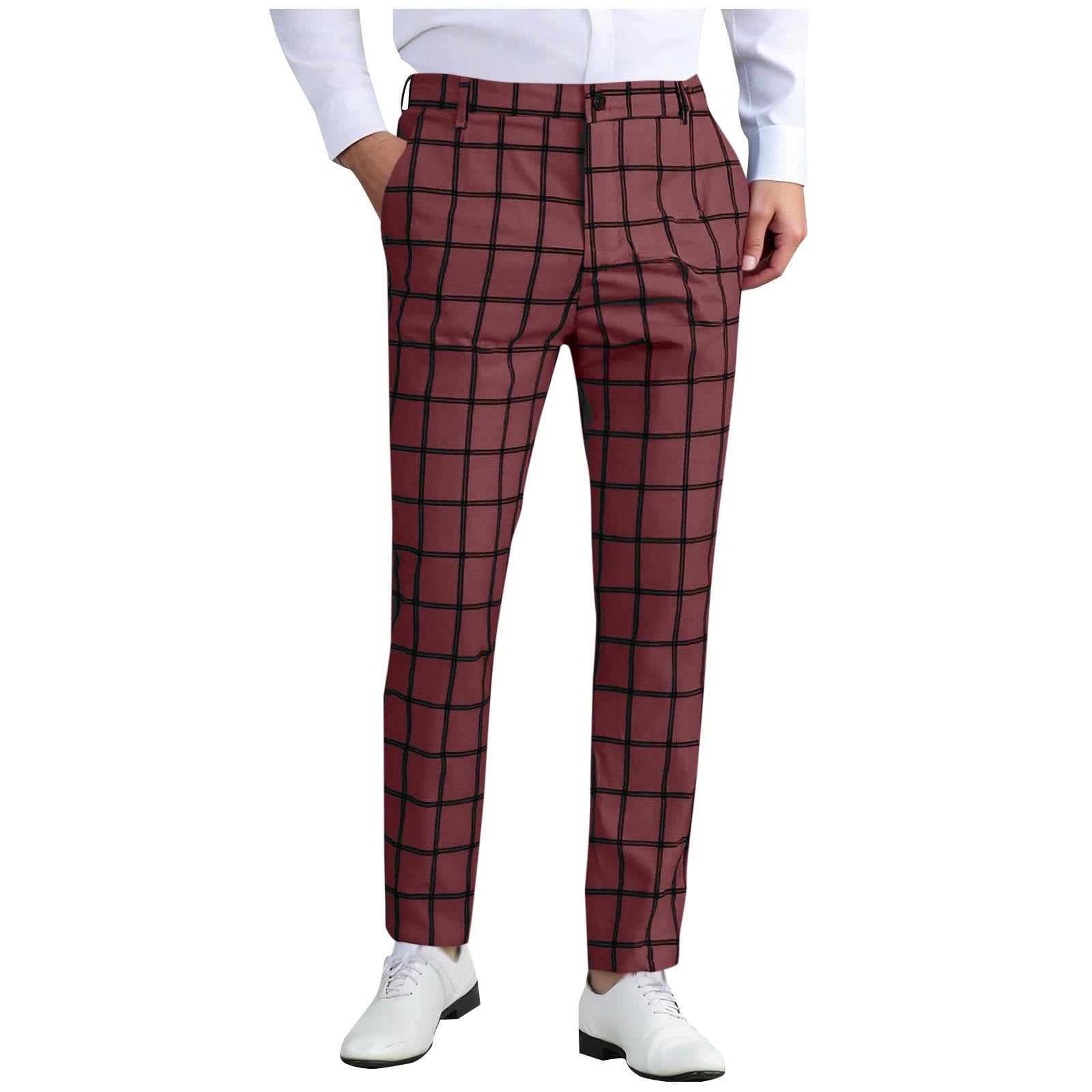 Iugvhana Men's Fashion Plaid Stretch Dress Pants Slim Fit Casual Formal ...