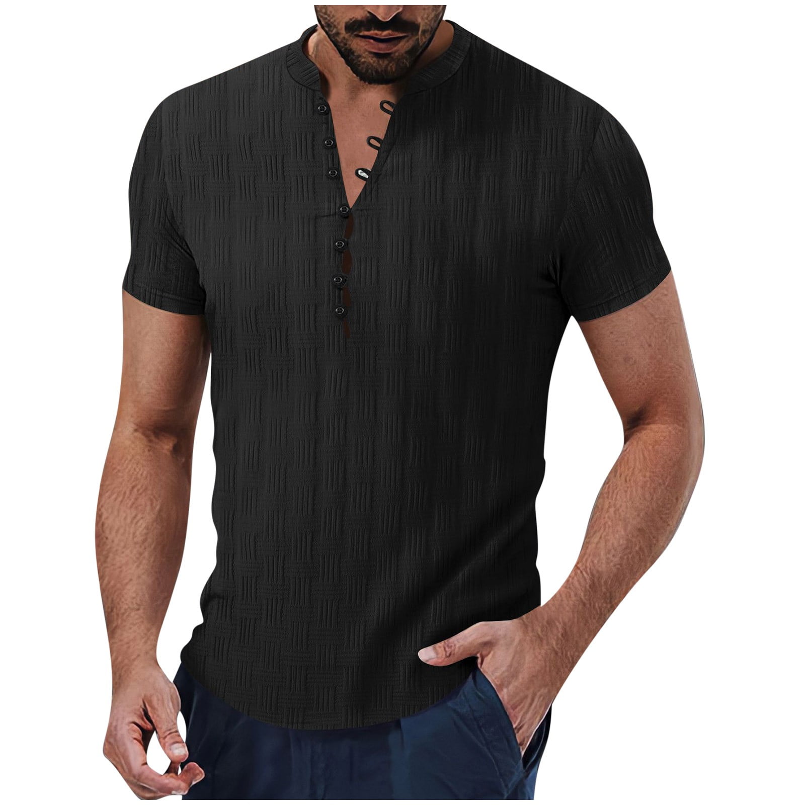 Iugvhana Men's Half Button-Up Shirts Casual Pullover Slim Short Sleeve Shirt Regular Fit Solid ...