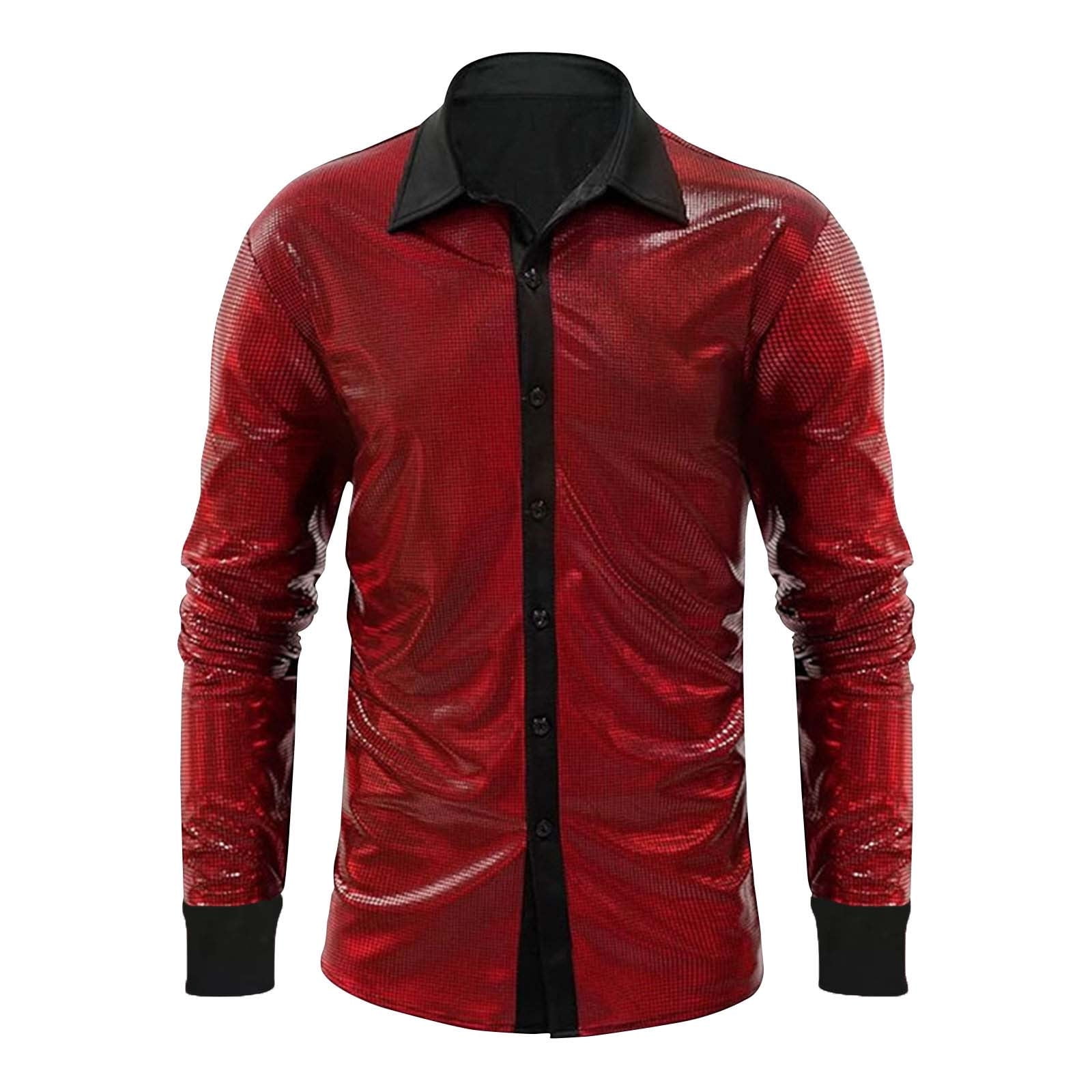 Iugvhana Men's Shiny Sequins Party Shirt Slim Long Sleeve Lapel Button ...