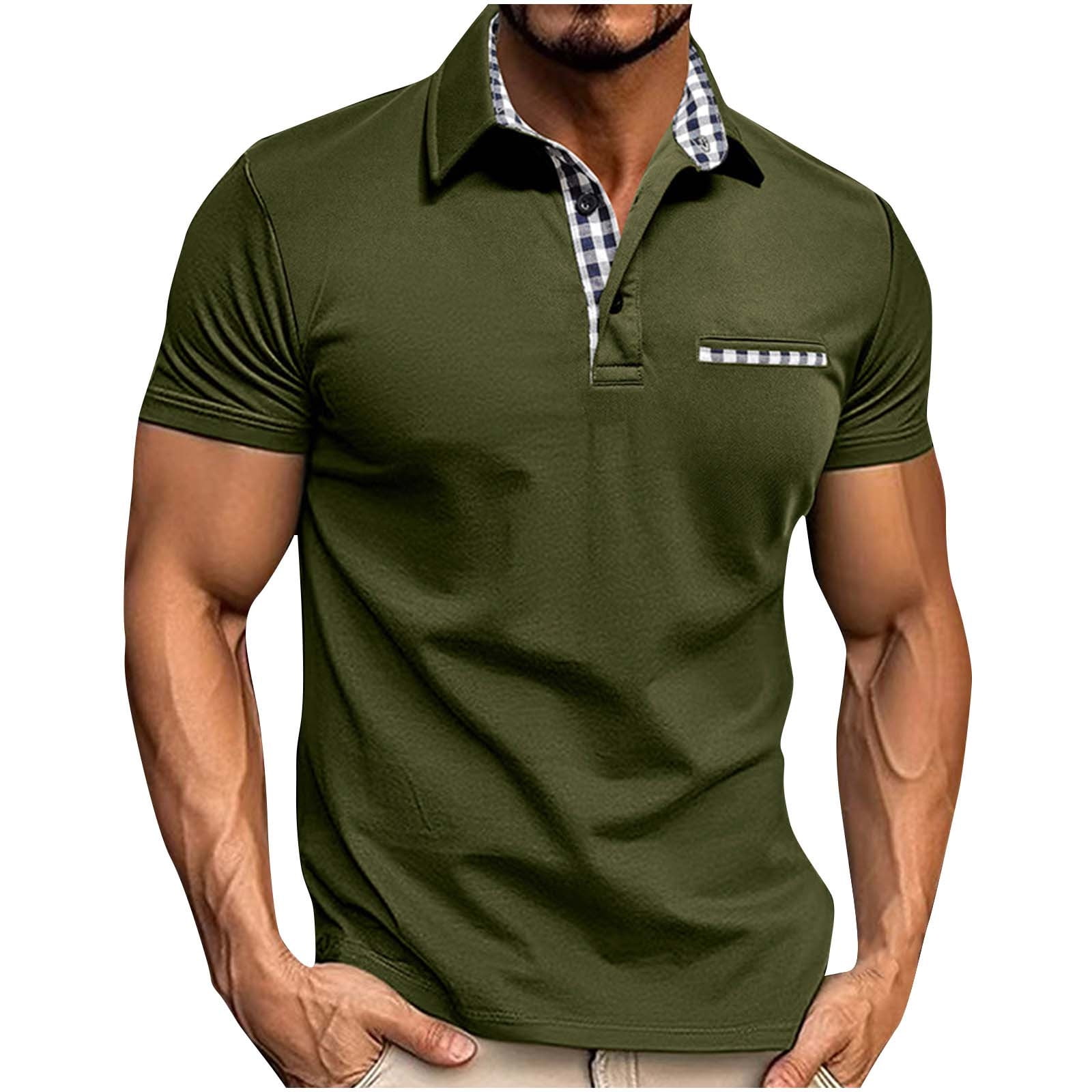 Iugvhana Men's Short Sleeve Buttons Polo Shirt Casual Splice Plaid ...