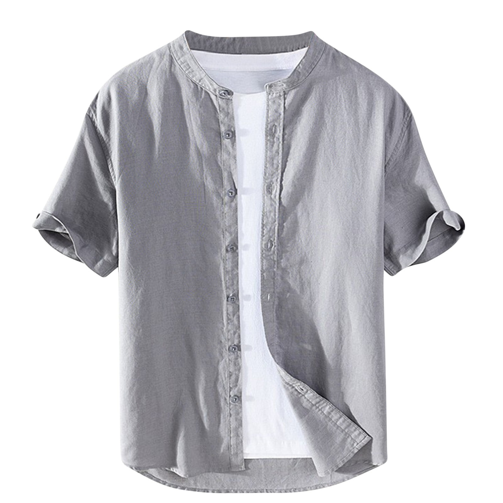 Iugvhana Shirts for Men Regular Fit Solid Color Stand-up Collar Button ...