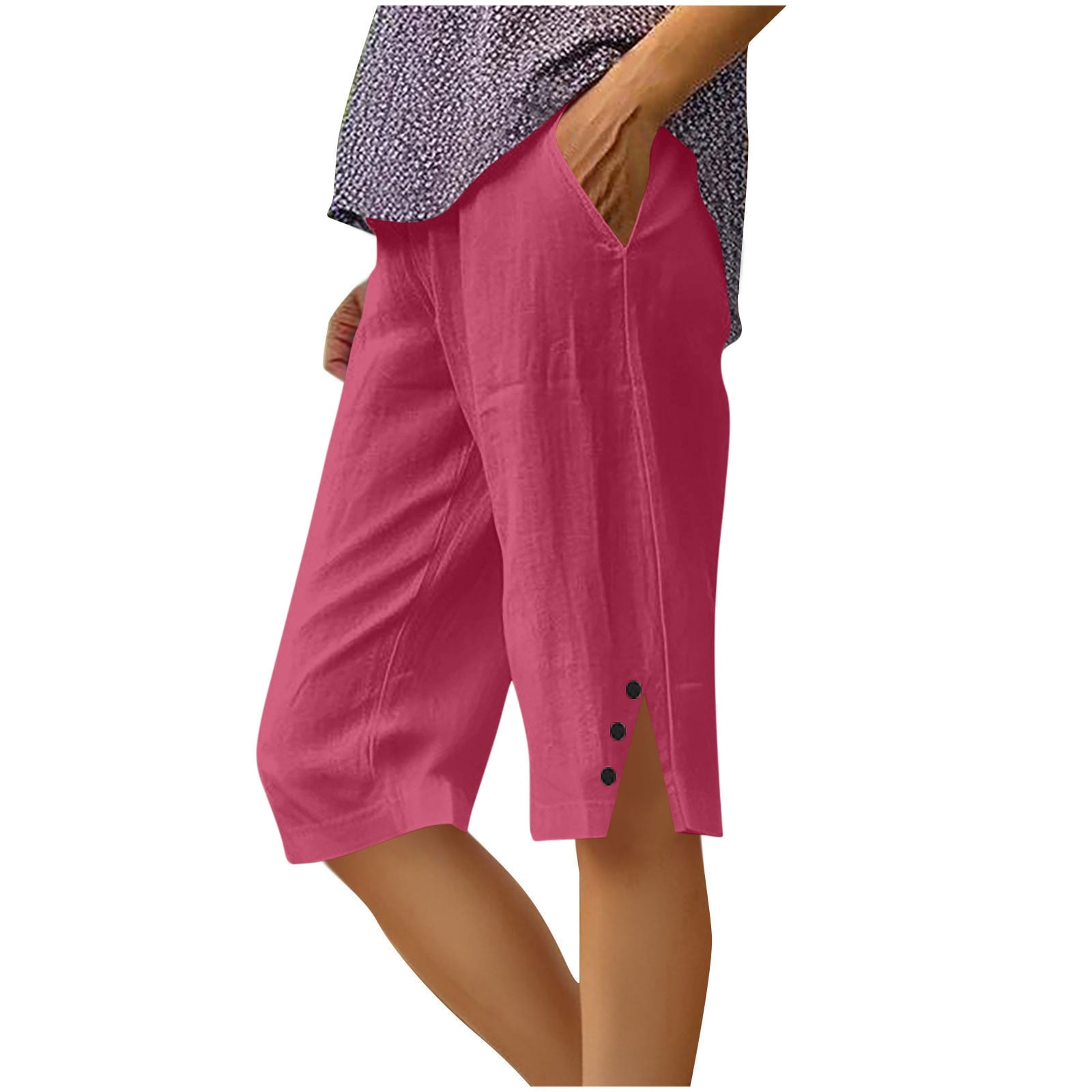 Iugvhana Womens Bermuda Shorts Knee Length Dressy Causal Elastic Waist Side Split Buttons Cotton ...