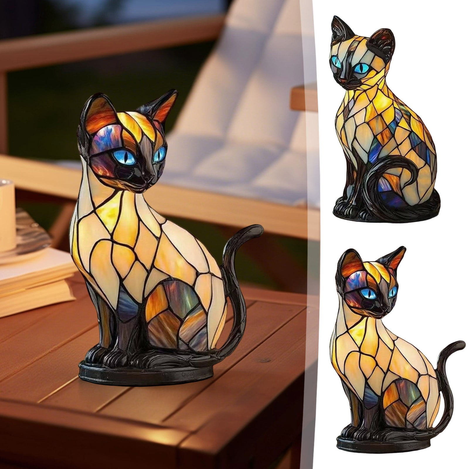 Iuhan 2Pcs Cats Lamp Stained Glass Table Lamp, Handcrafted Resin Cat ...