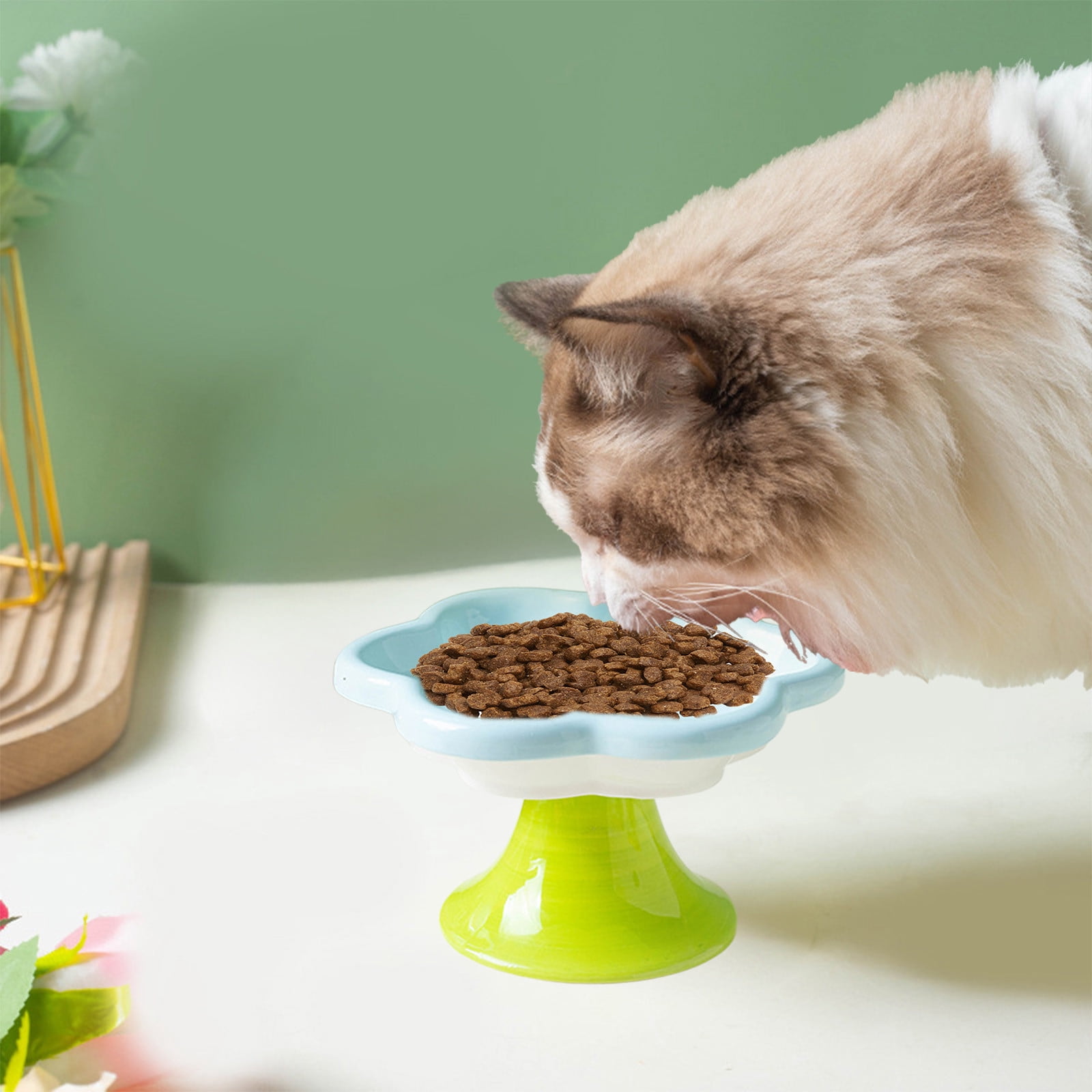 Iuhan Ceramic Cat Bowl, Flower Shaped Elevated Pet Food And Water Dish ...