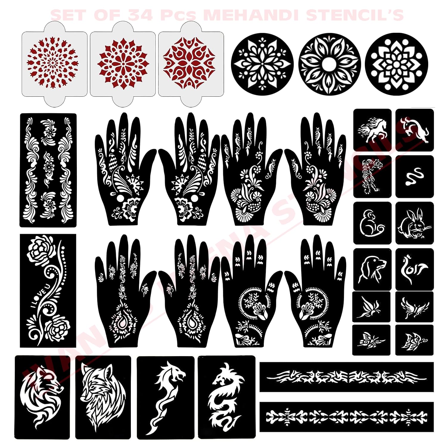 Ivanas Set of 34 Pcs Reusable Mehandi Stencils for Hands Wrist Body ...
