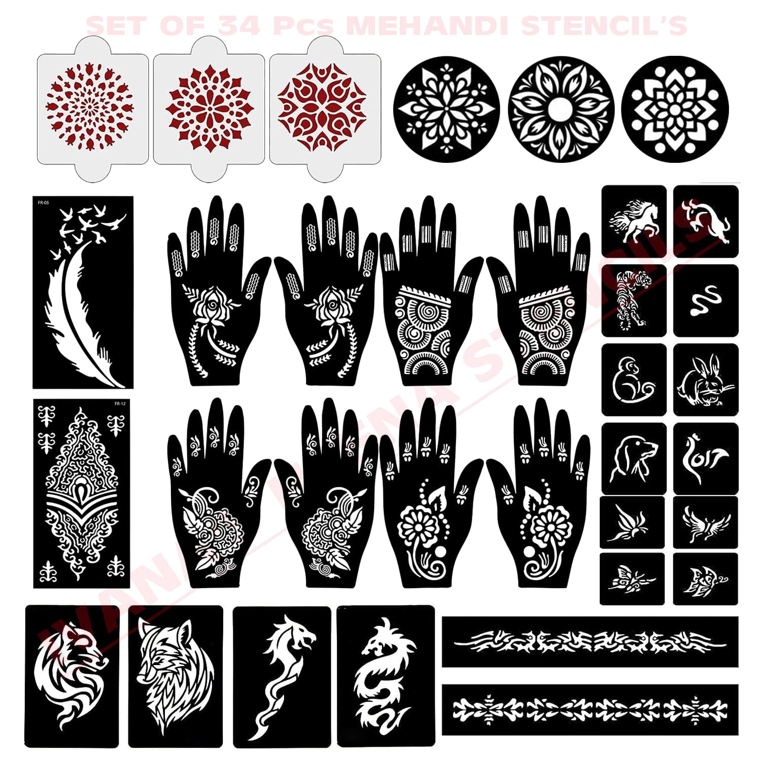 Ivanas Set of 34 Pcs Reusable Mehandi Stencils for Hands Wrist Body ...