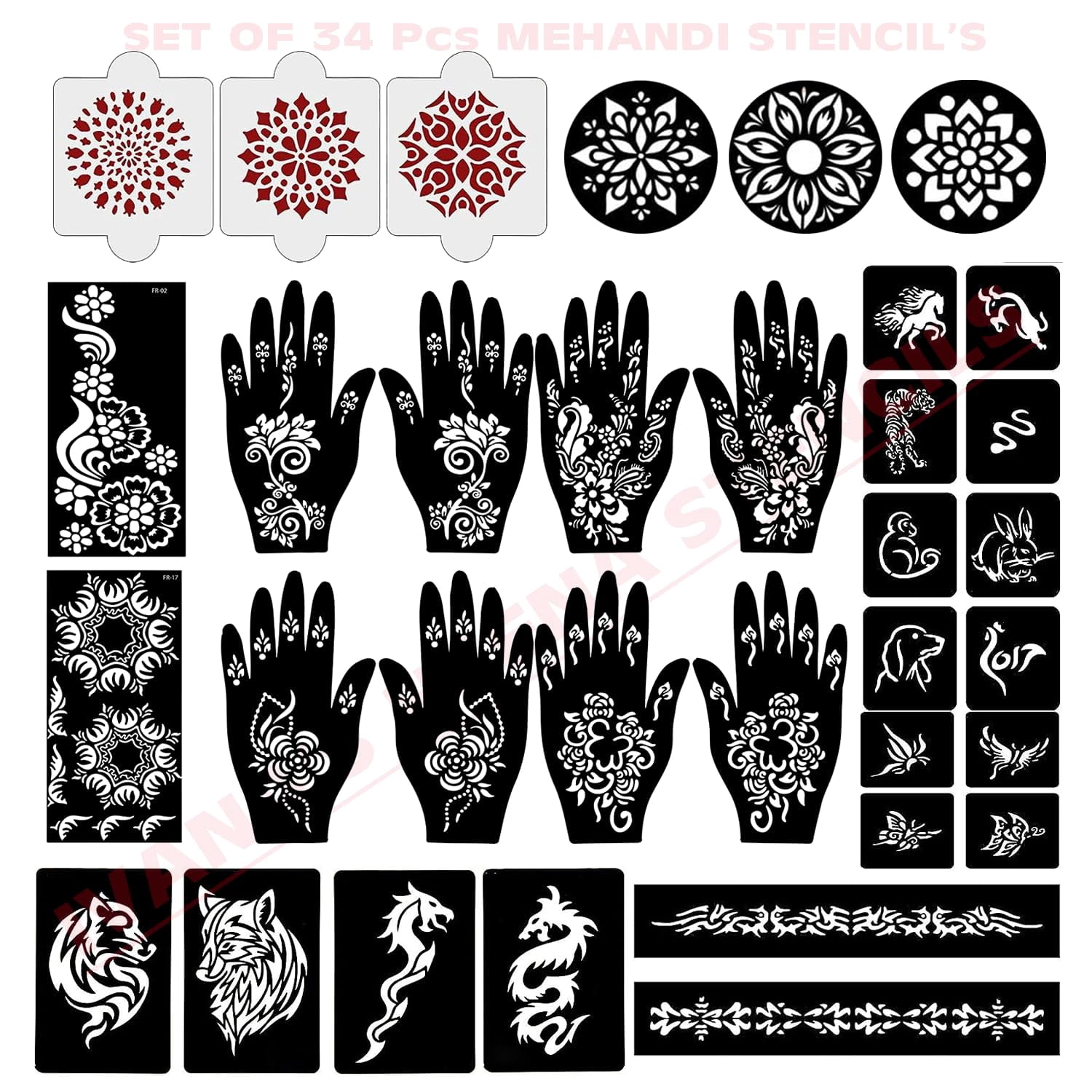 Ivanas Set of 34 Pcs Reusable Mehandi Stencils for Hands Wrist Body ...