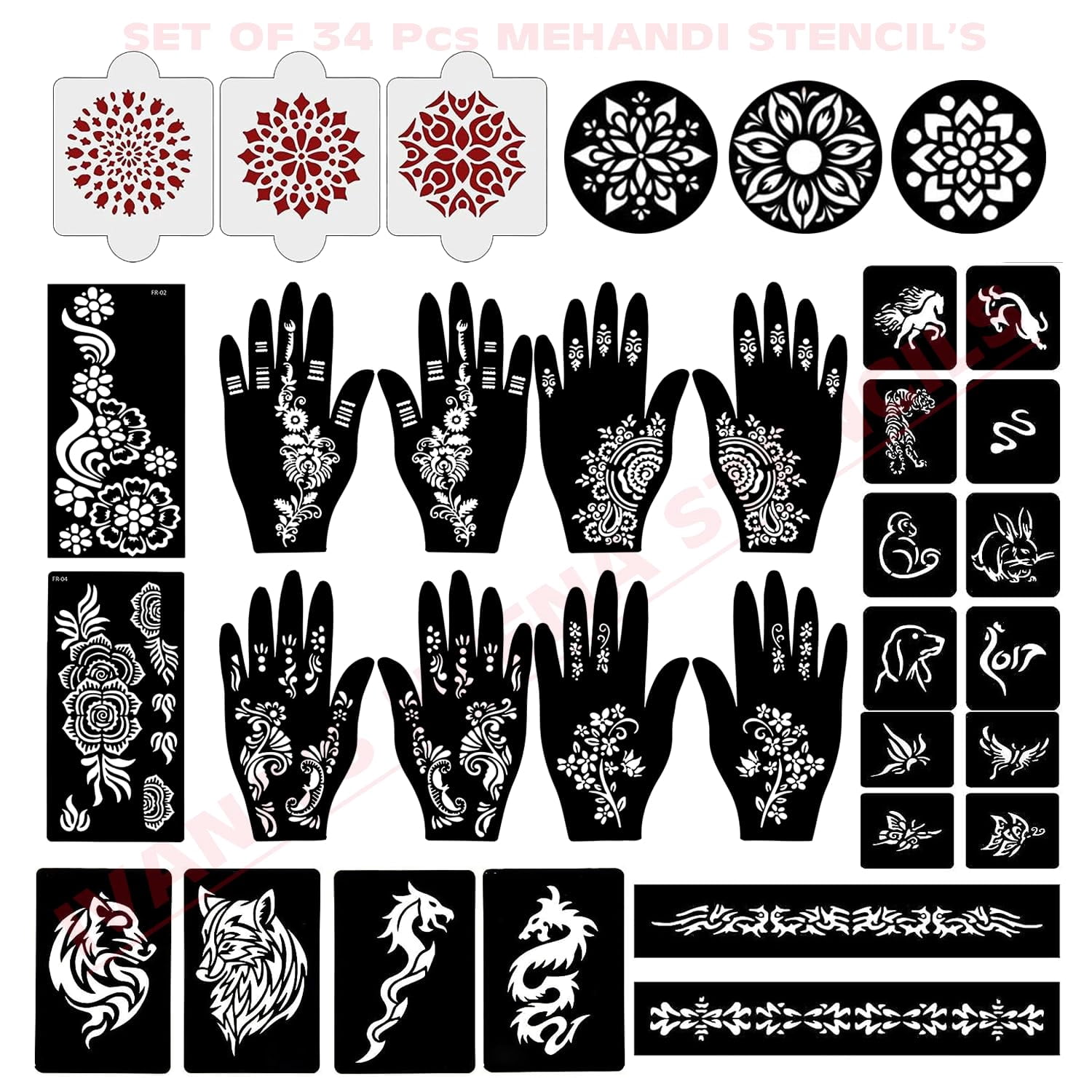 Ivanas Set of 34 Pcs Reusable Mehandi Stencils for Hands Wrist Body ...