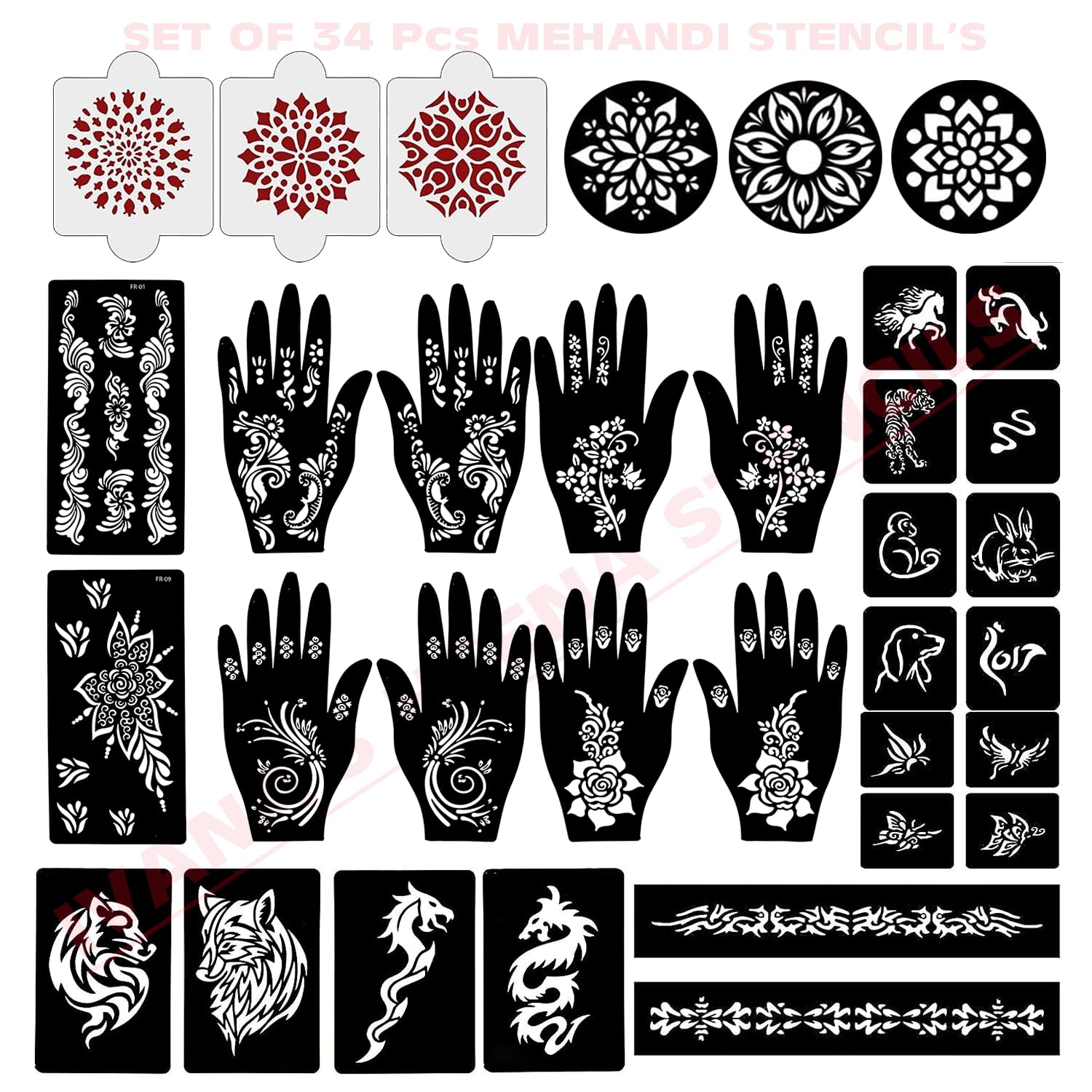 Ivanas Set of 34 Pcs Reusable Mehandi Stencils for Hands Wrist Body ...