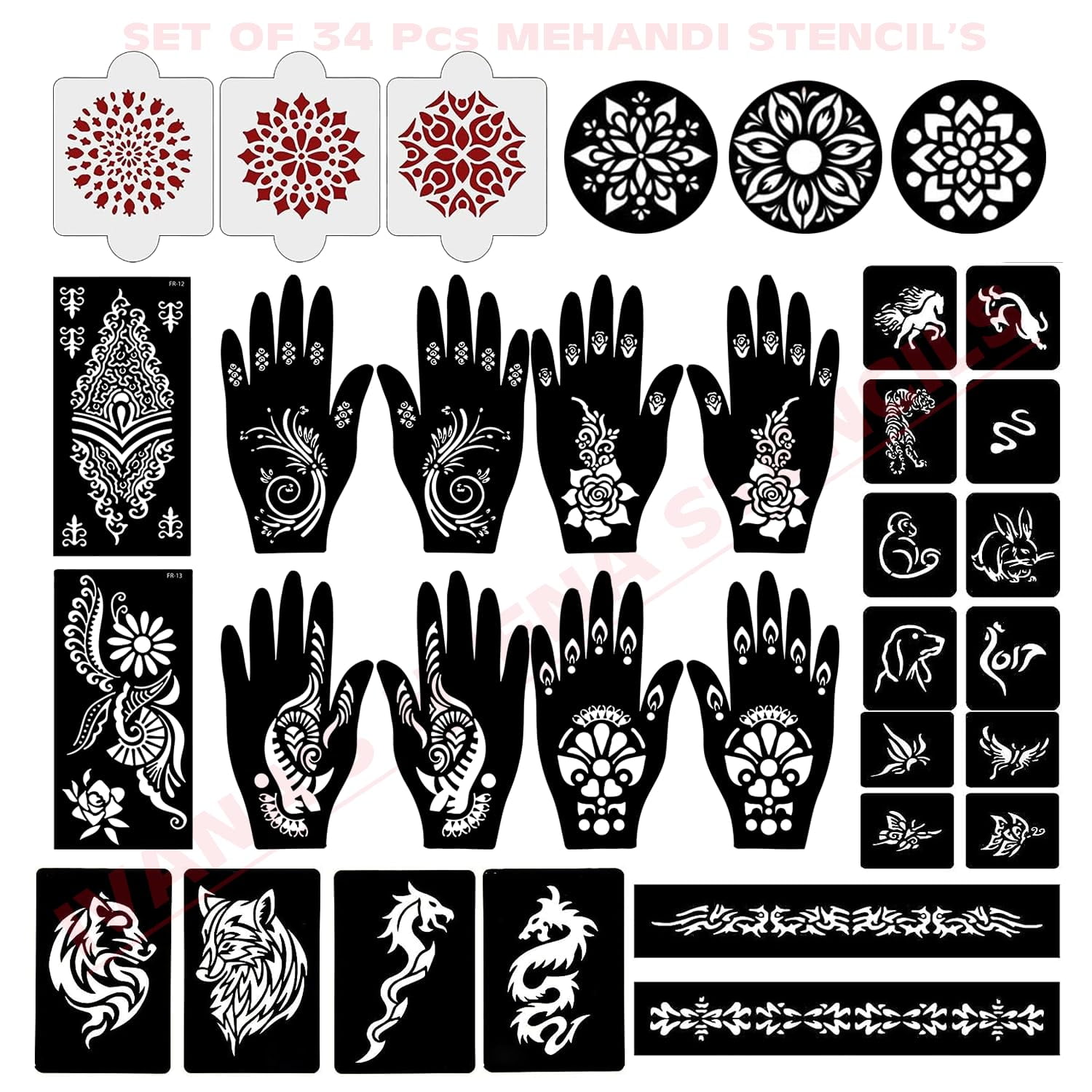 Ivanas Set of 34 Pcs Reusable Mehandi Stencils for Hands Wrist Body ...