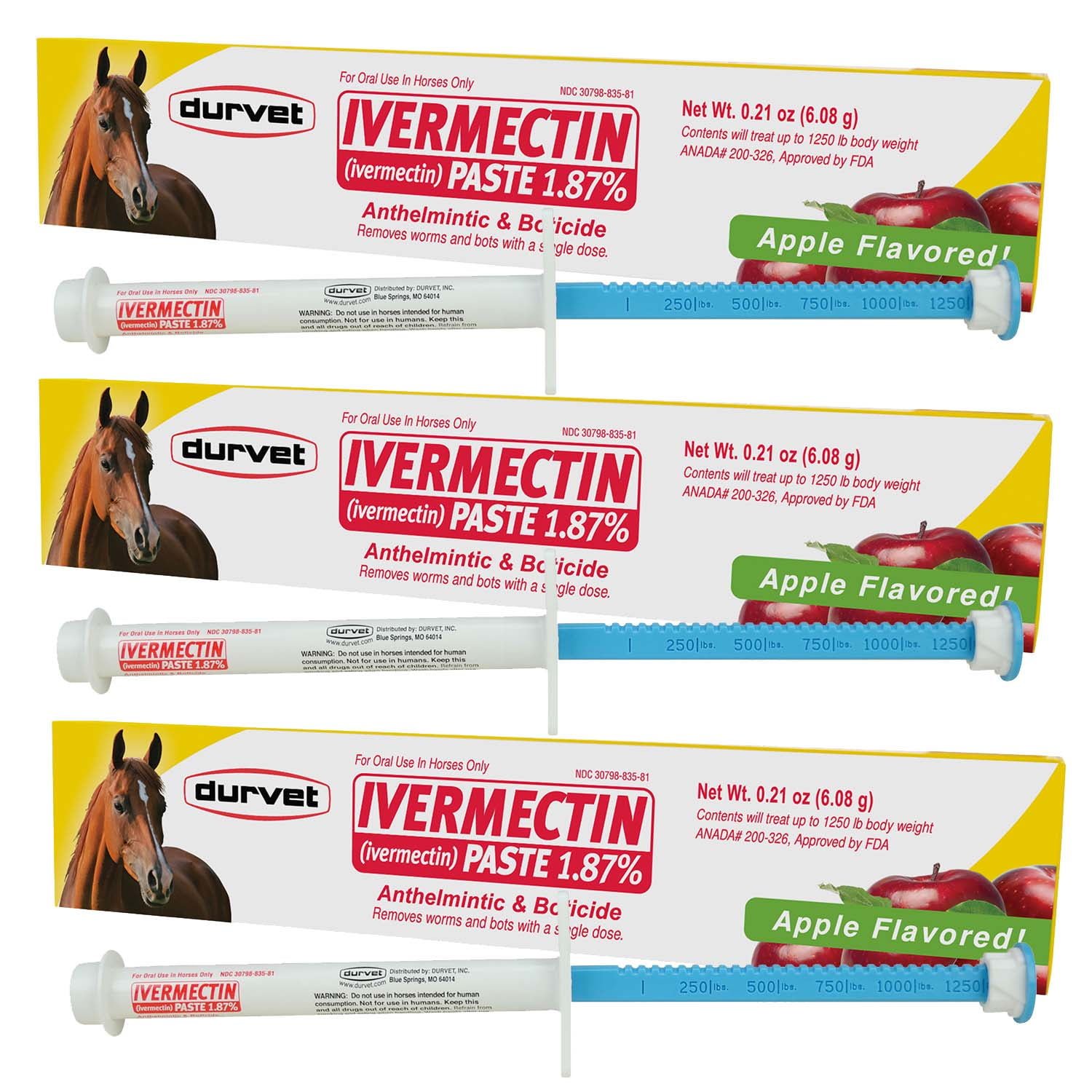 Durvet Ivermectin Paste Dewormer 6.08g @1.87% 3ct, Apple Flavored ...